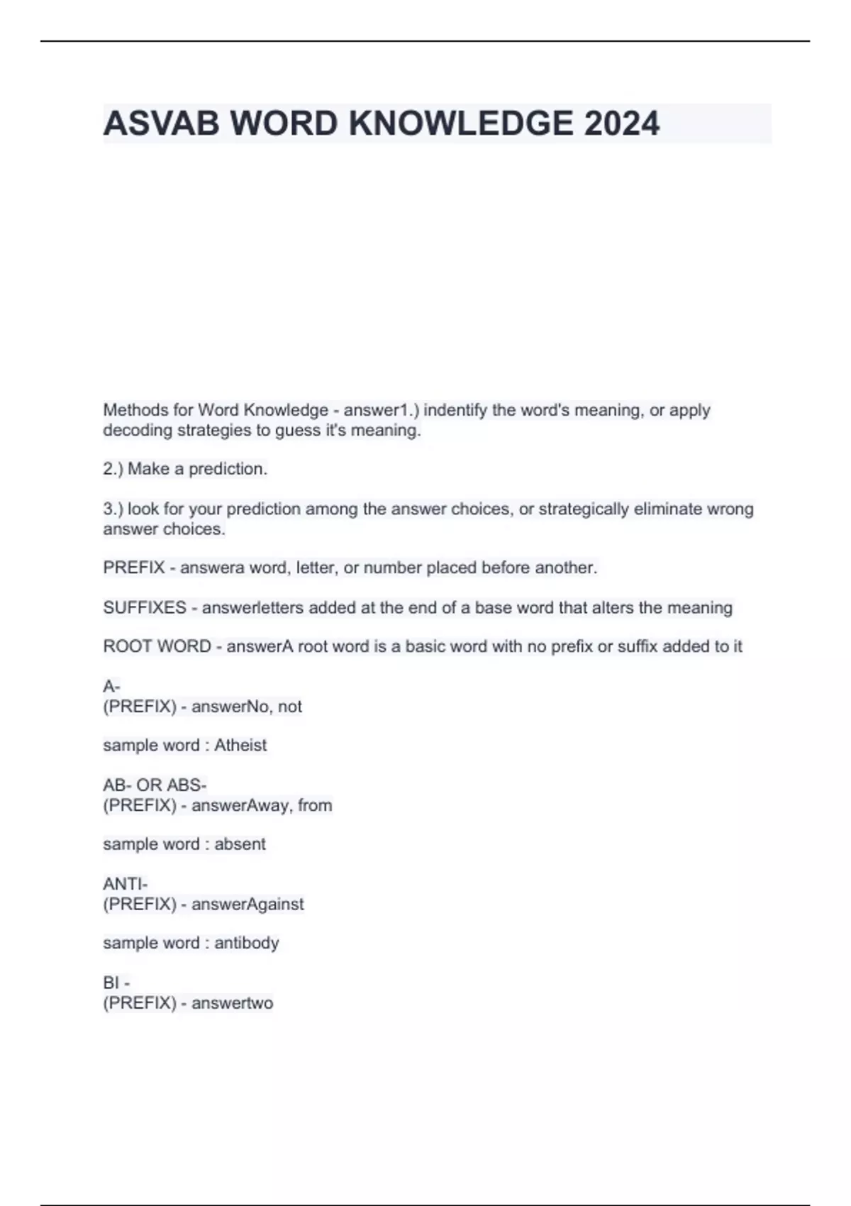 ASVAB WORD KNOWLEDGE 2024 question and answers 100% correct - ASVAB ...