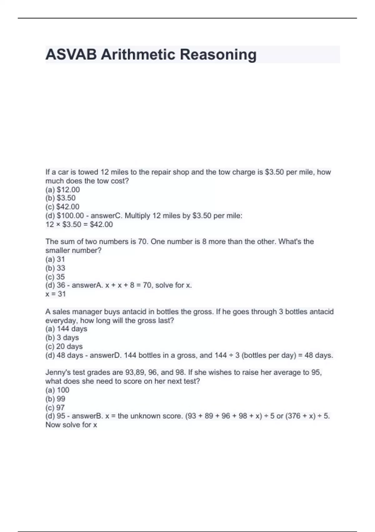 ASVAB Arithmetic Reasoning questions with solutions - ASVAB - Stuvia US