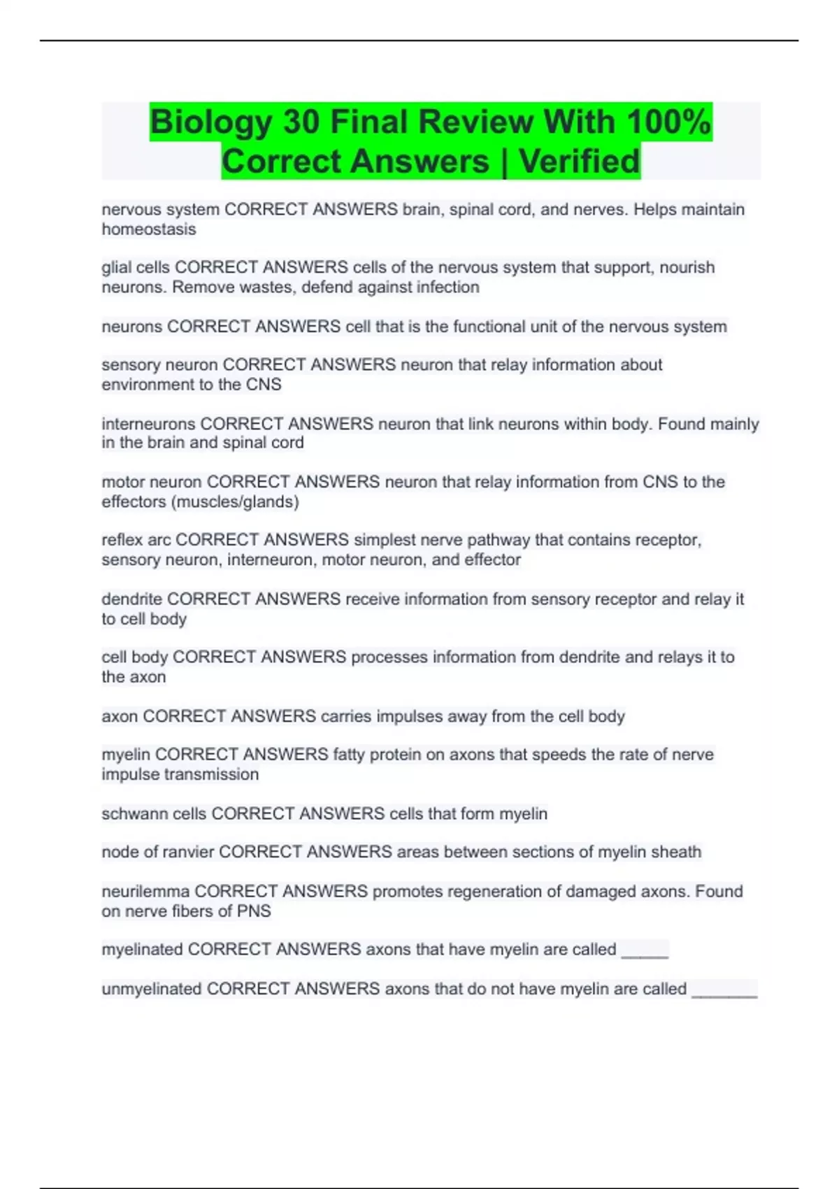 Biology 30 Final Review With 100% Correct Answers | Verified - Biology ...