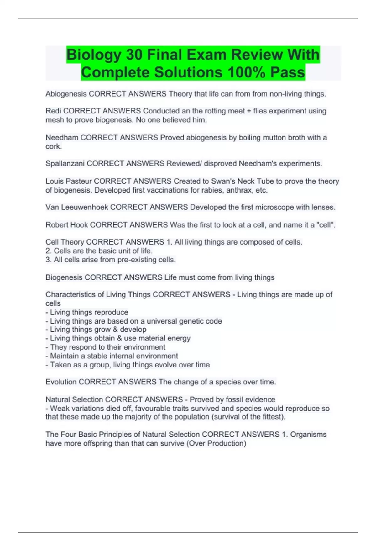 Biology 30 Final Exam Review With Complete Solutions 100% Pass ...