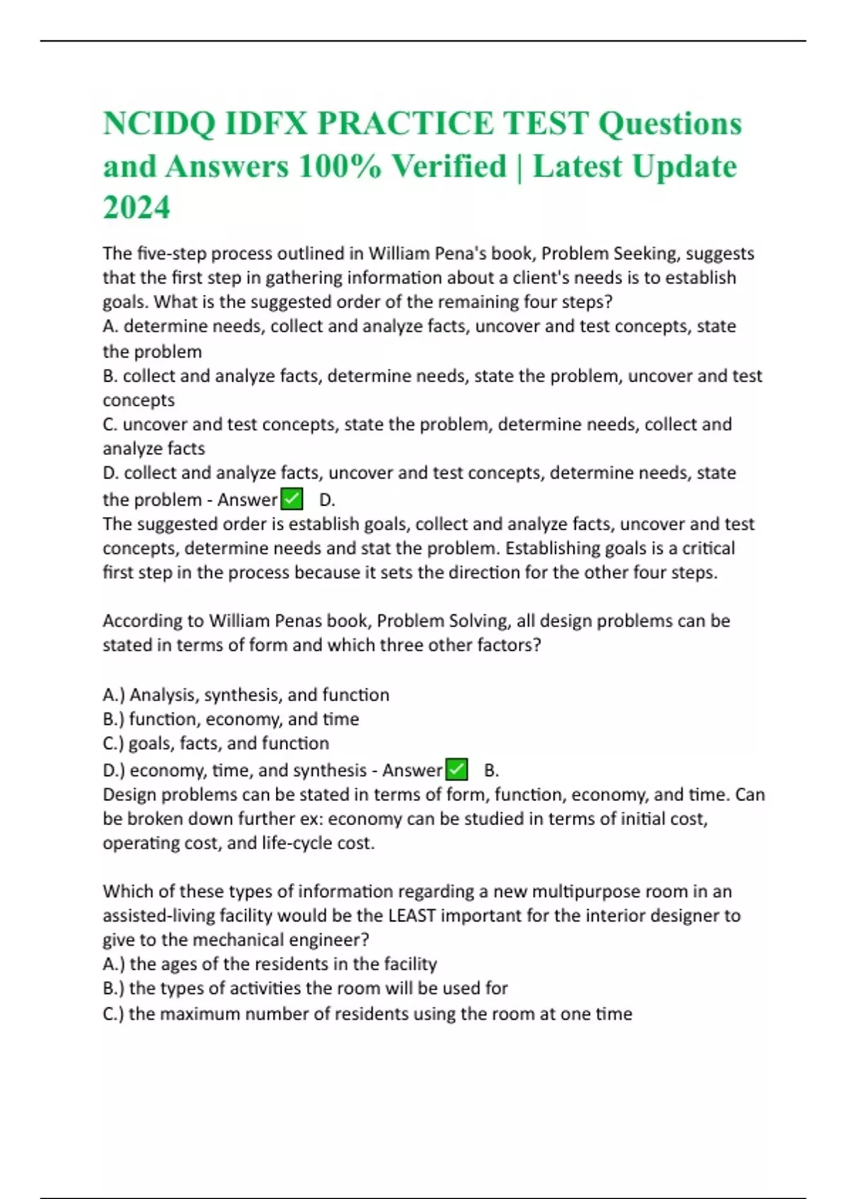 NCIDQ IDFX PRACTICE TEST Questions and Answers 100% Verified | Latest ...