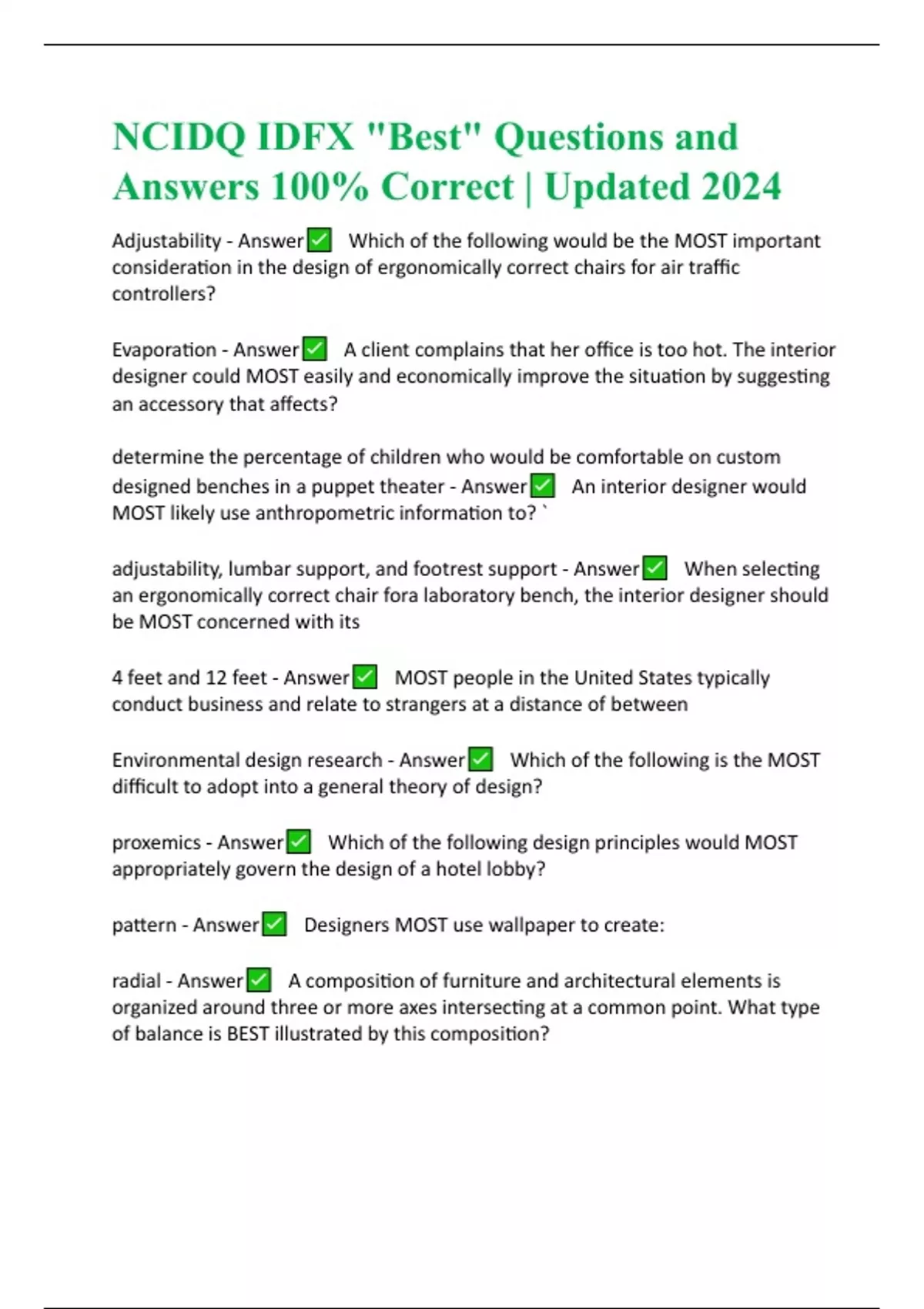 NCIDQ IDFX "Best" Questions and Answers 100% Correct | Updated 2024 ...