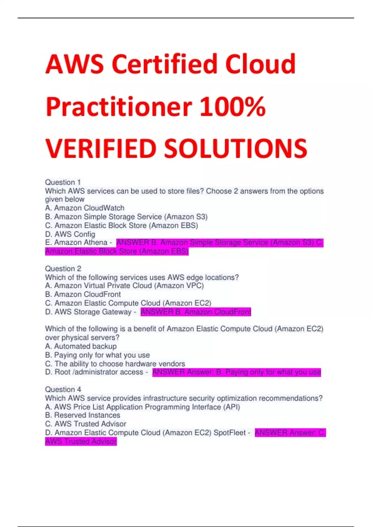 BUNDLE FOR AWS CLOUD CERTIFICATION EXAM REAL EXAM 250+ PRACTICE QUESTIONS AND 100% CORRECT ...