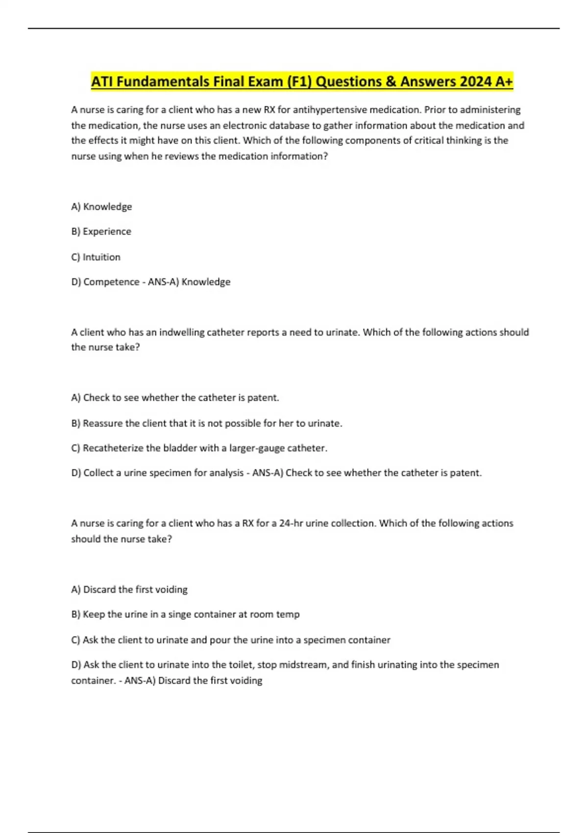 ATI Fundamentals Final Exam (F1) Questions & Answers 2024 A+ - ATI ...