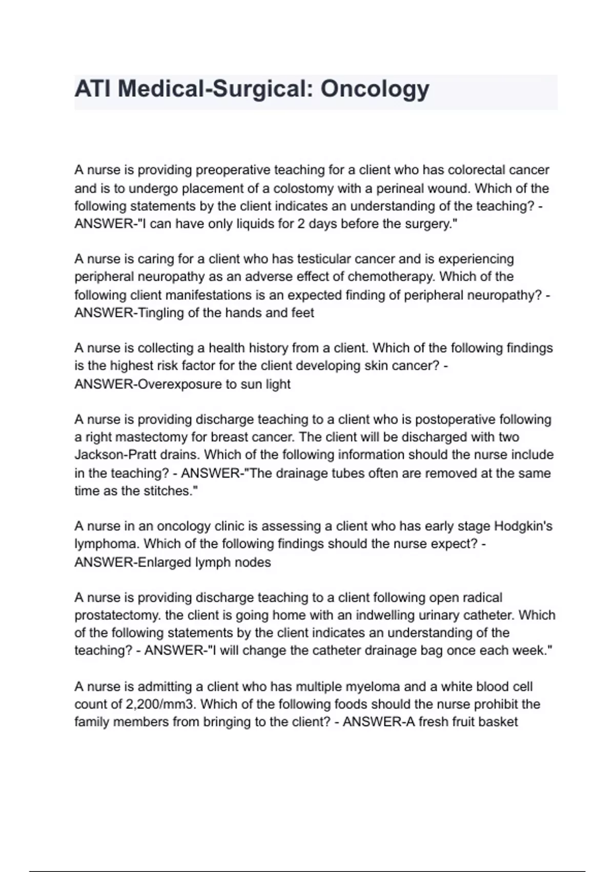 ATI Medical-Surgical: Oncology questions with correct answers - ATI ...