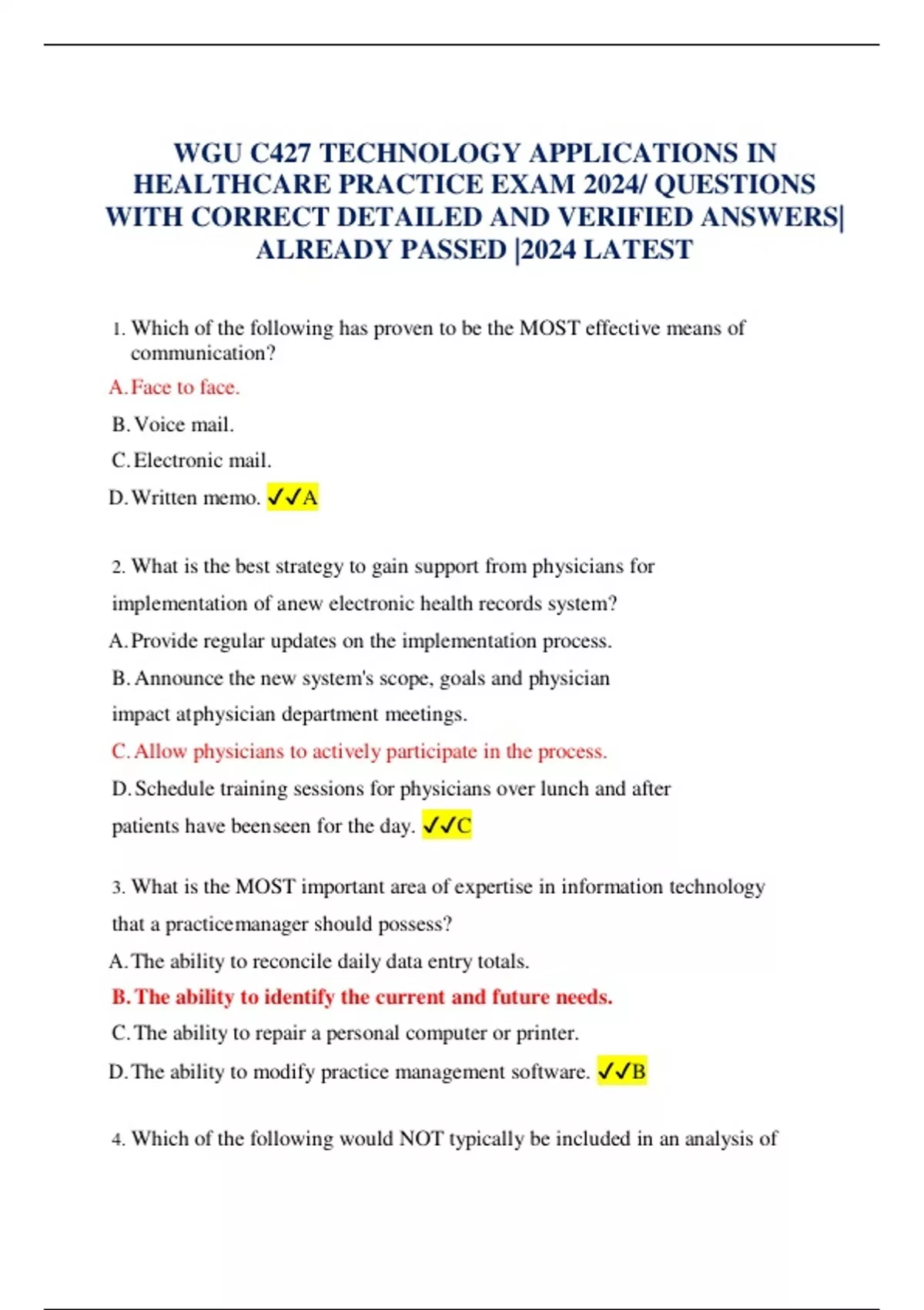 WGU C427 TECHNOLOGY APPLICATIONS IN HEALTHCARE PRACTICE EXAM 2024 ...