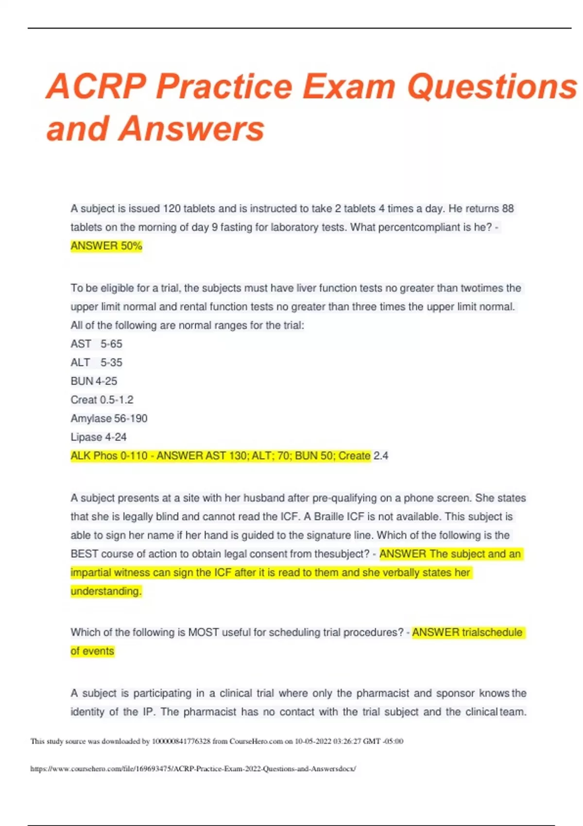ACRP CP EXAM 100 QUESTIONS AND CORRECT ANSWERS MOST RECENT 2024 ACRP