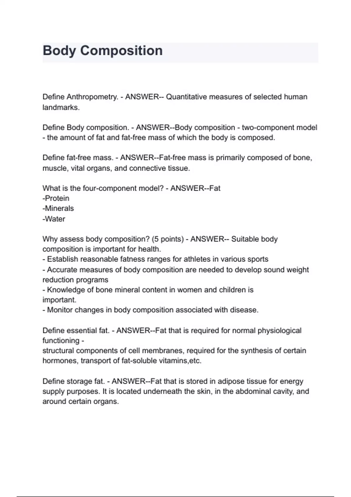 Body Composition questions with complete solution - Body Composition ...