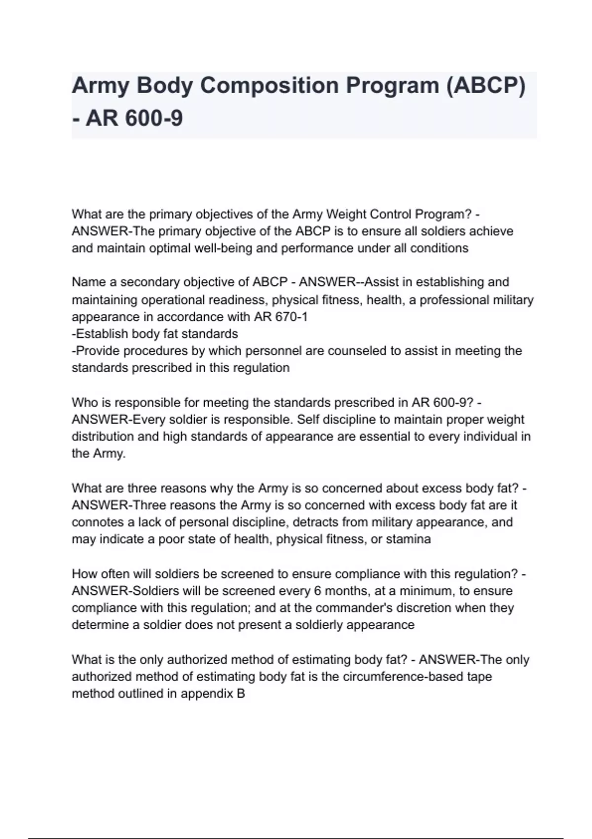 Army Body Composition Program Abcp Ar 600 9 Questions With Complete