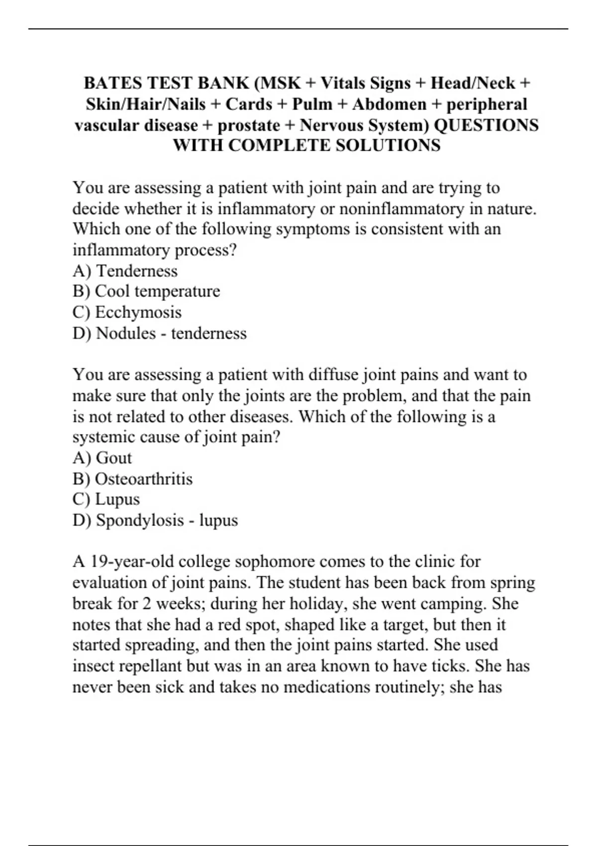 BATES TEST BANK (MSK + Vitals Signs + Head/Neck + Skin/Hair/Nails ...