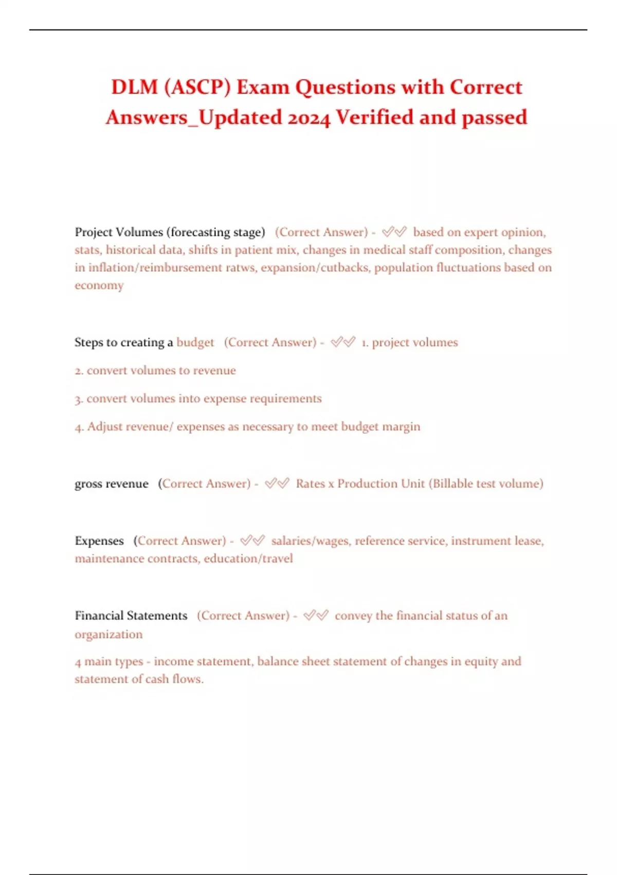 DLM (ASCP) Exam Questions with Correct Answers_Updated 2024 Verified ...
