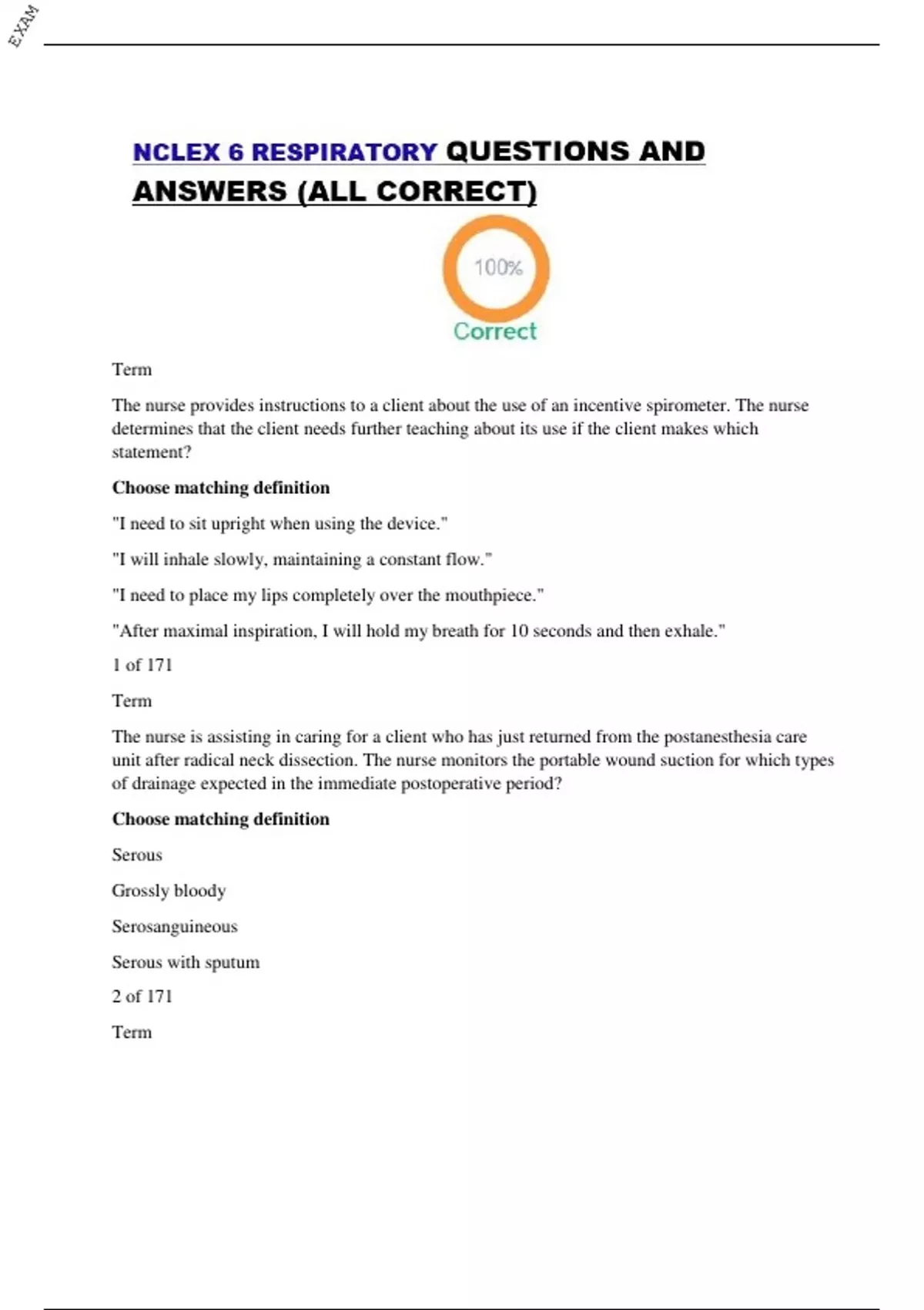 NCLEX 6 RESPIRATORY EXAM QUESTIONS AND CORRECT ANSWERS - NCLEX - Stuvia US