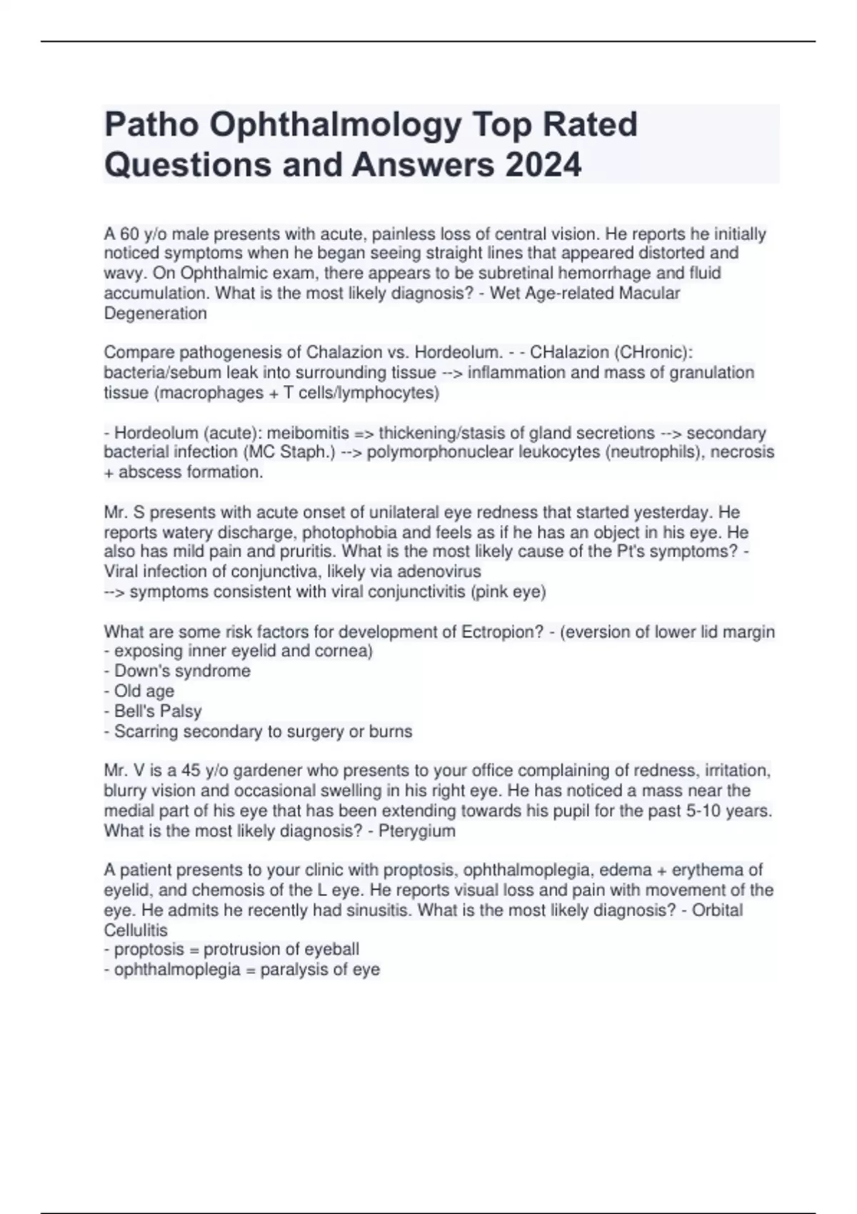 Patho Ophthalmology Top Rated Questions and Answers 2024 - Patho Ophthalmology - Stuvia US