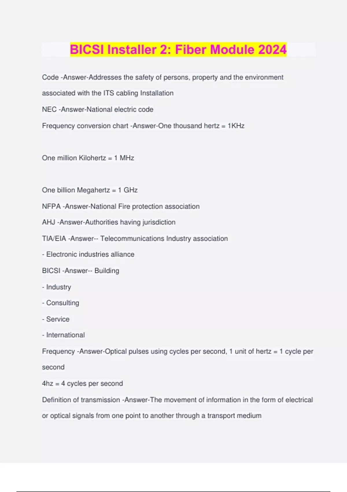 BICSI Installer 2: Fiber Module 2024 - BICSI Installer - Stuvia US