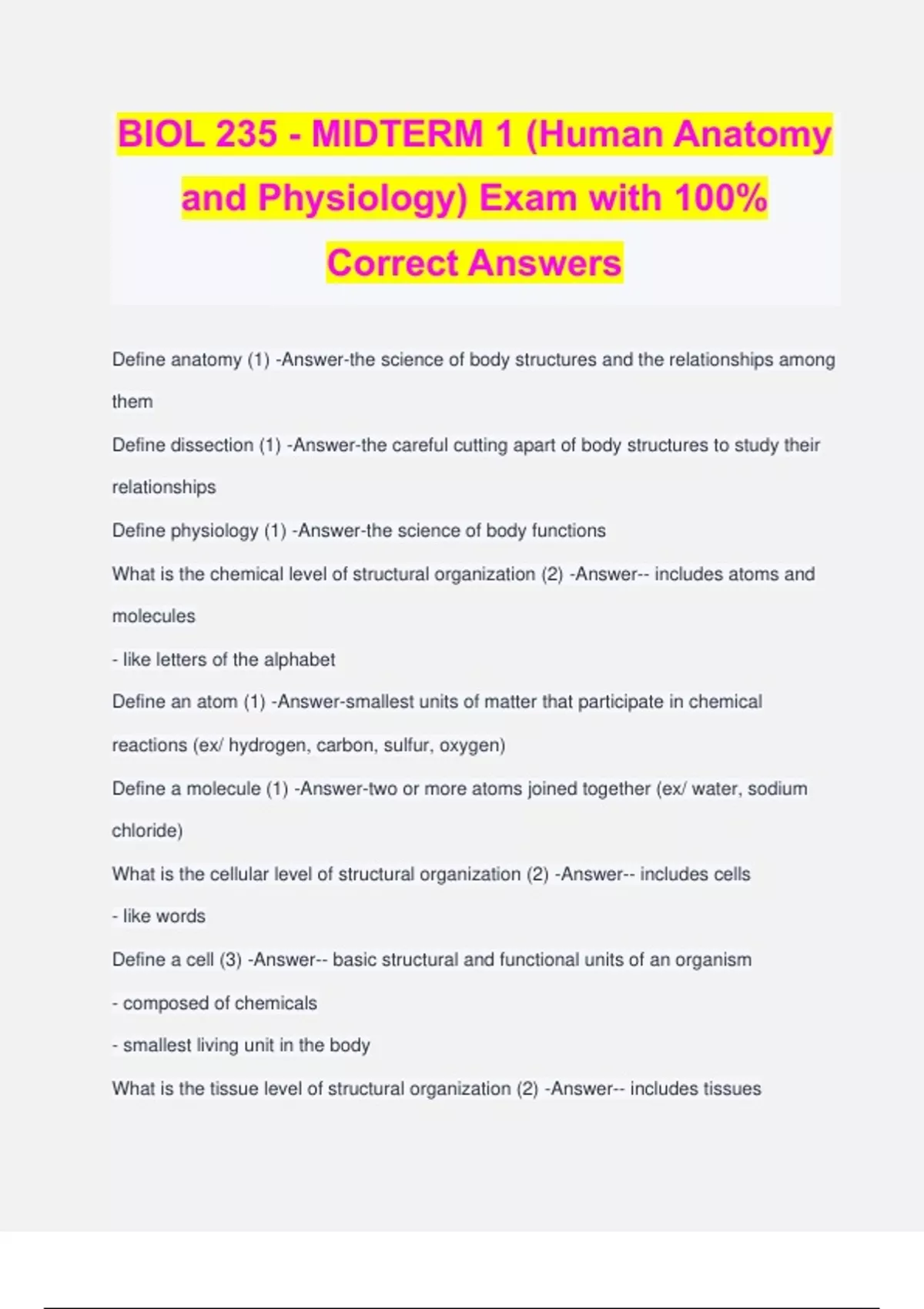 BIOL 235 - MIDTERM 1 (Human Anatomy and Physiology) Exam with 100% ...