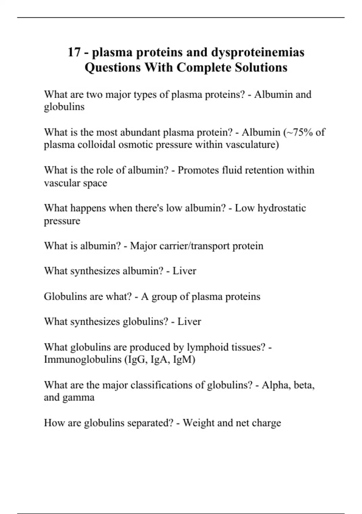 17 - plasma proteins and dysproteinemias Questions With Complete ...