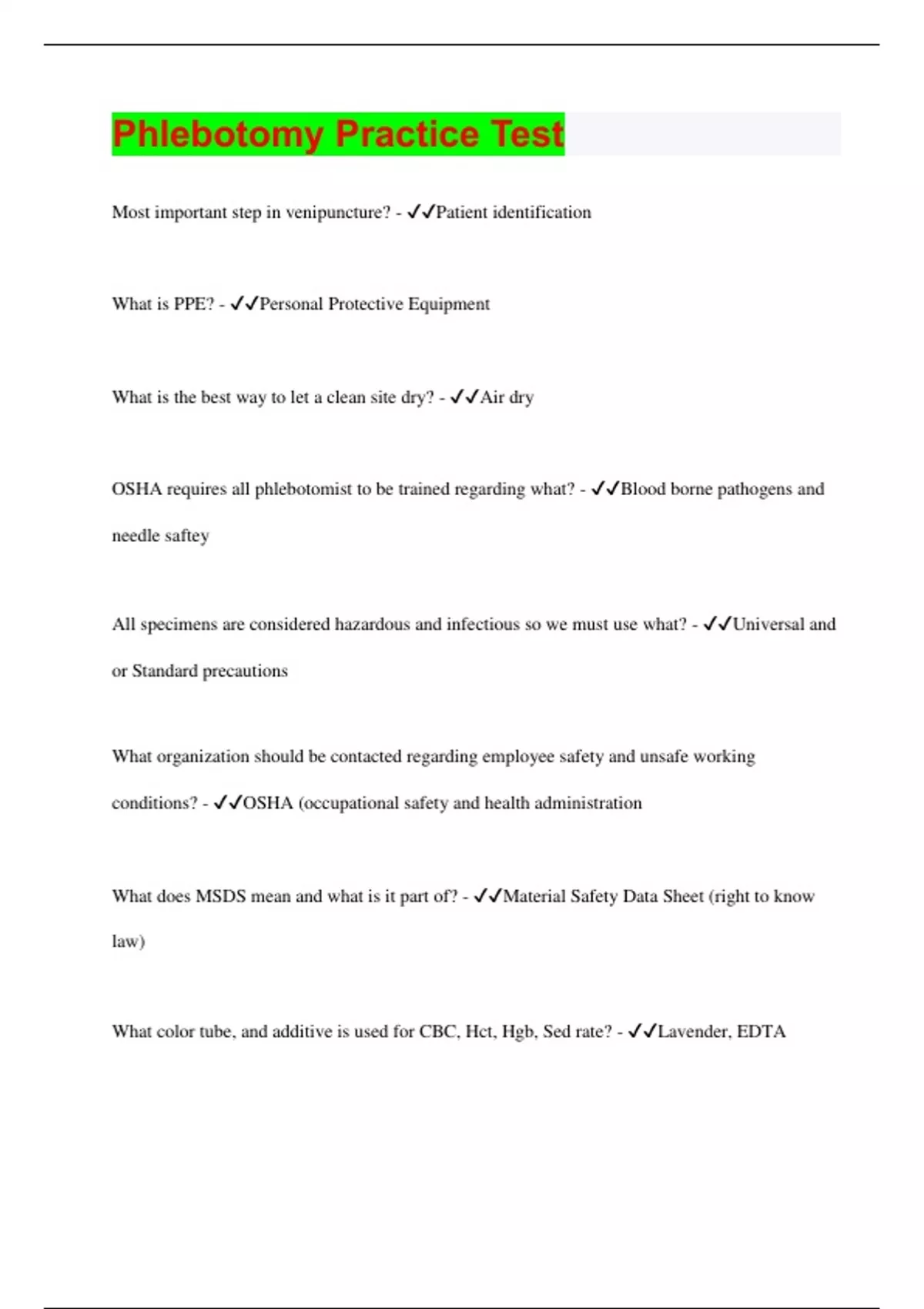 Phlebotomy Practice Test| Questions with 100% Correct Answers | Latest ...