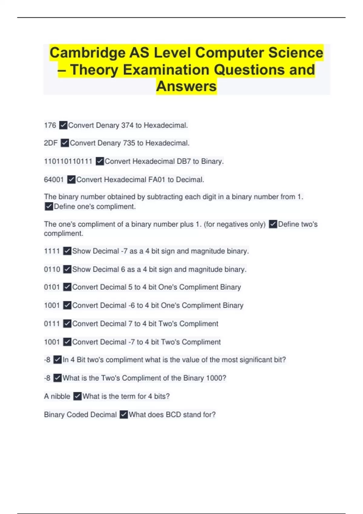 Cambridge AS Level Computer Science – Theory Examination Questions and Answers - A Level ...