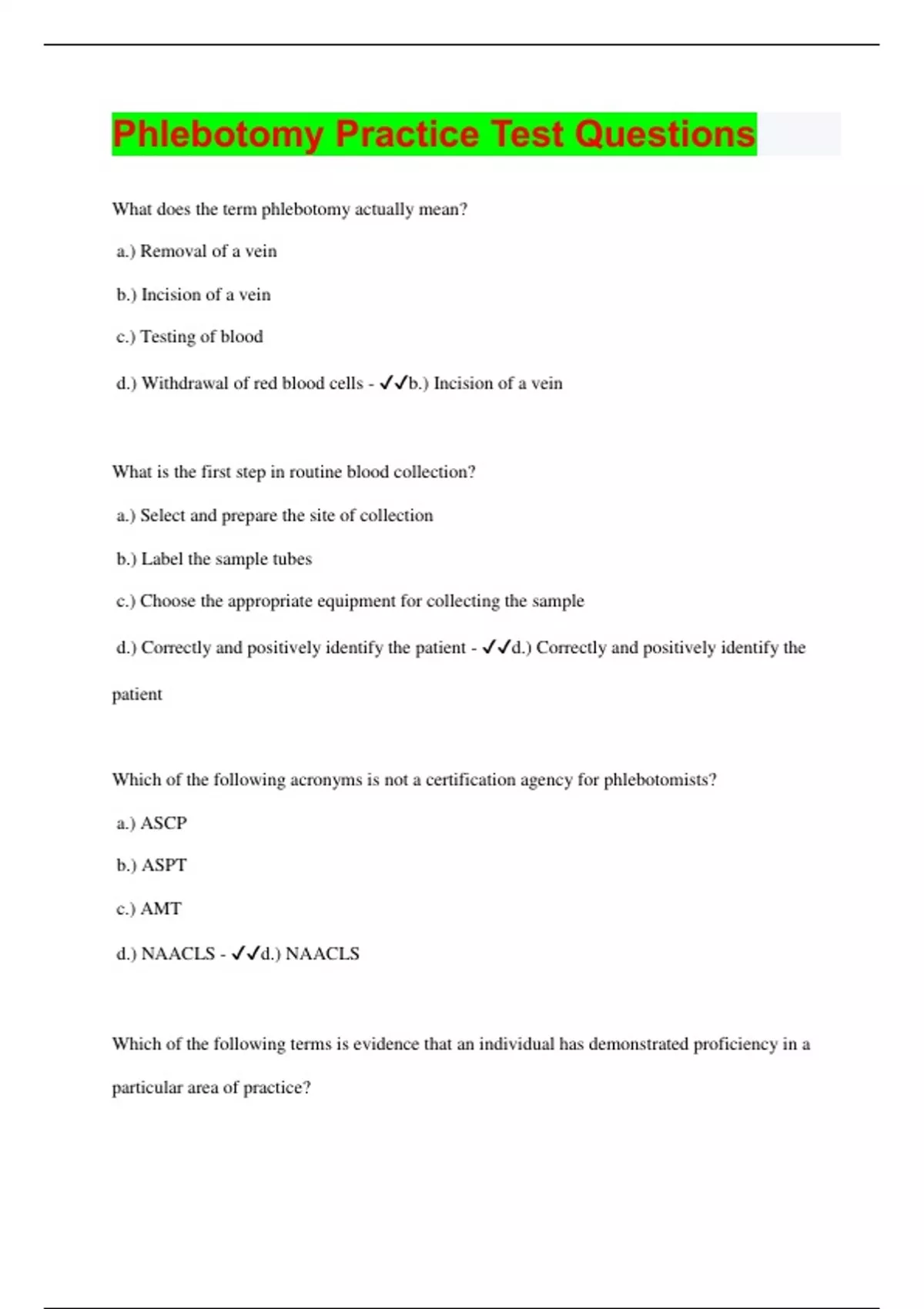 Phlebotomy Practice Test| Questions with 100% Correct Answers | Latest ...