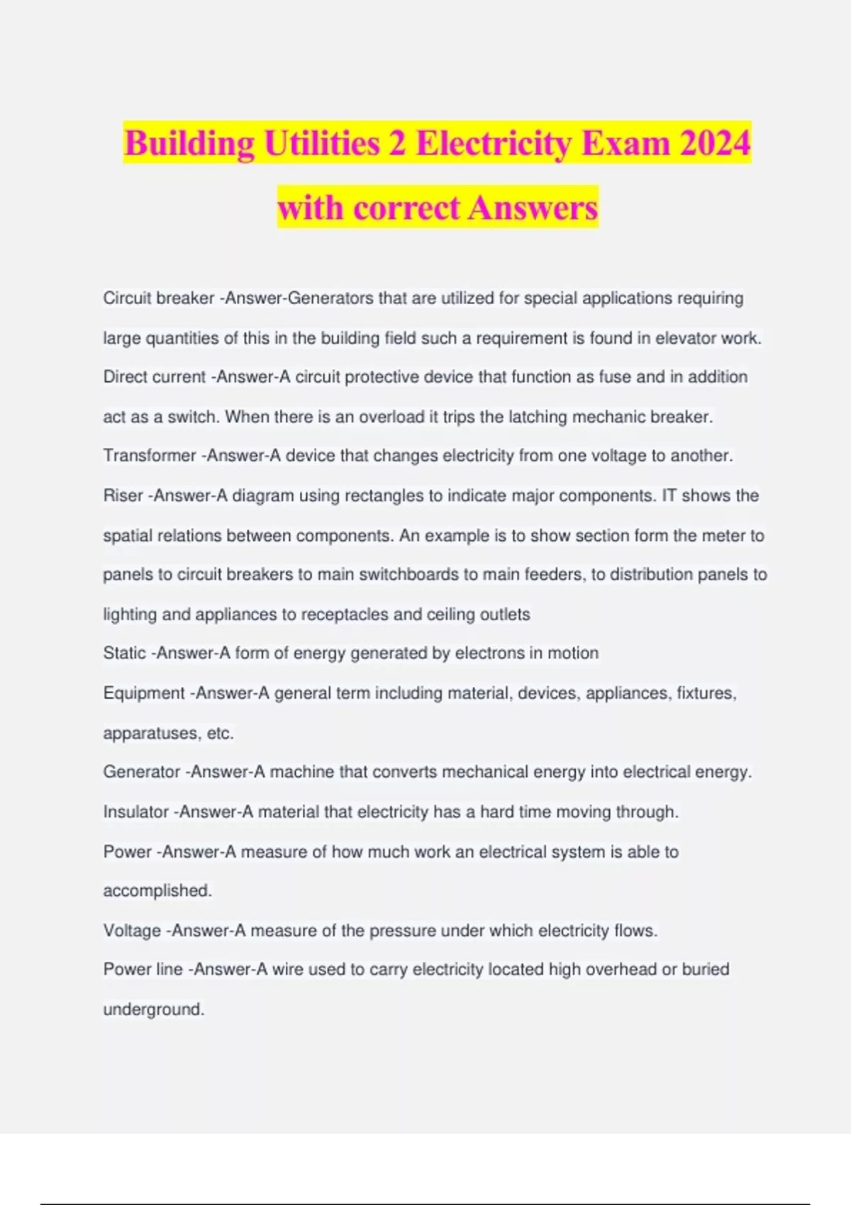 Building Utilities 2 Electricity Exam 2024 with correct Answers ...