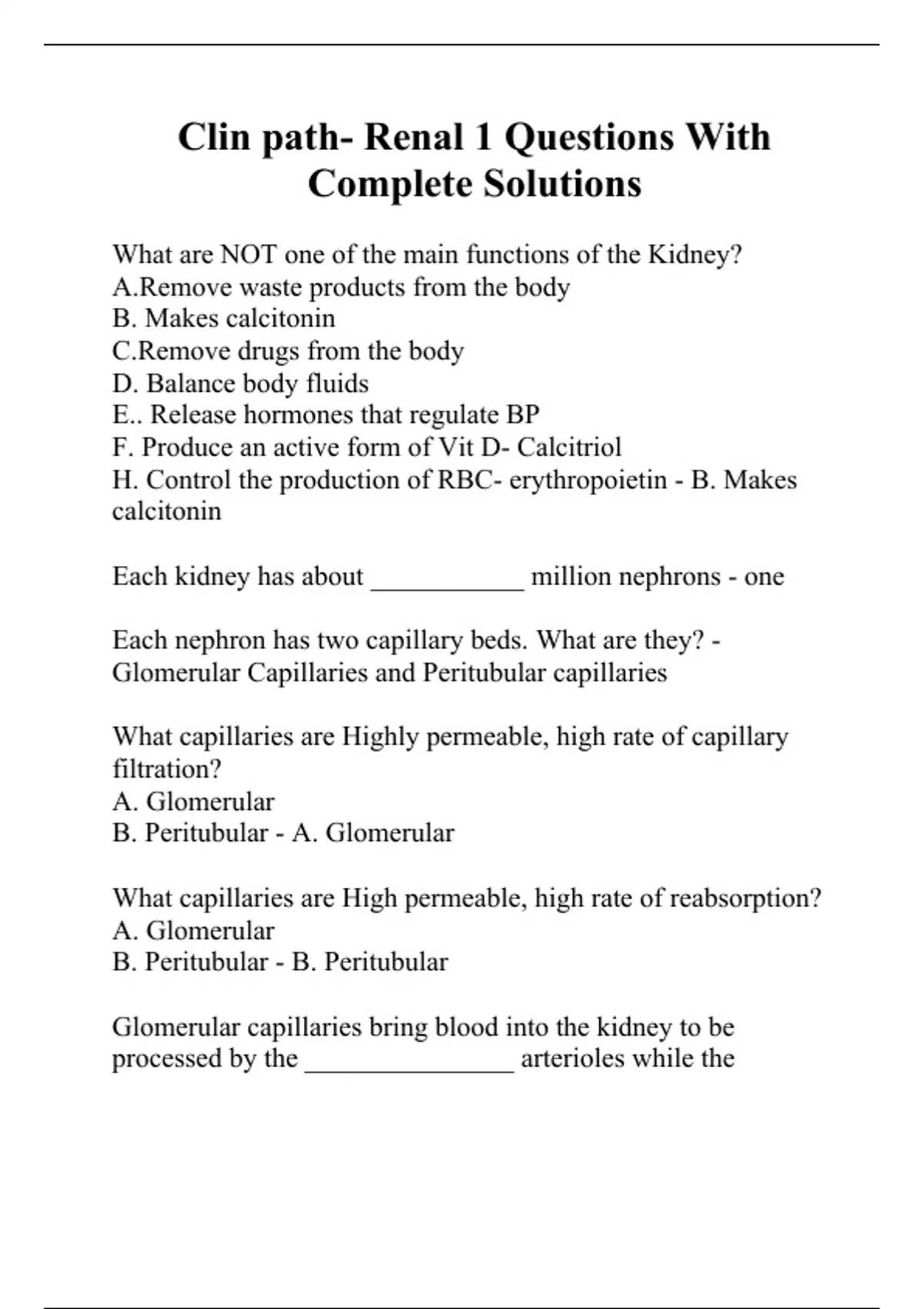 Clin path- Renal 1 Questions With Complete Solutions - Clin path ...