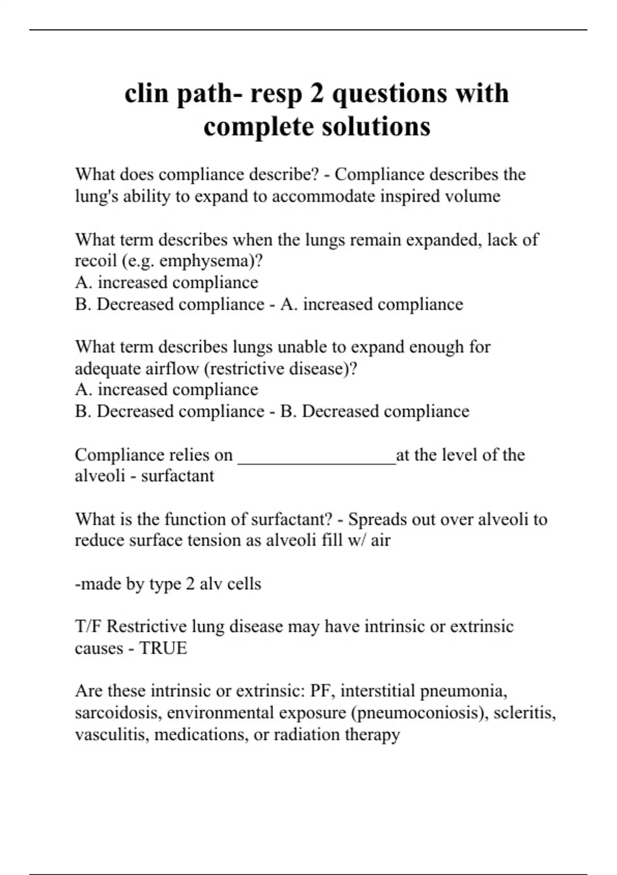 clin path- resp 2 questions with complete solutions - Clin path - Stuvia US