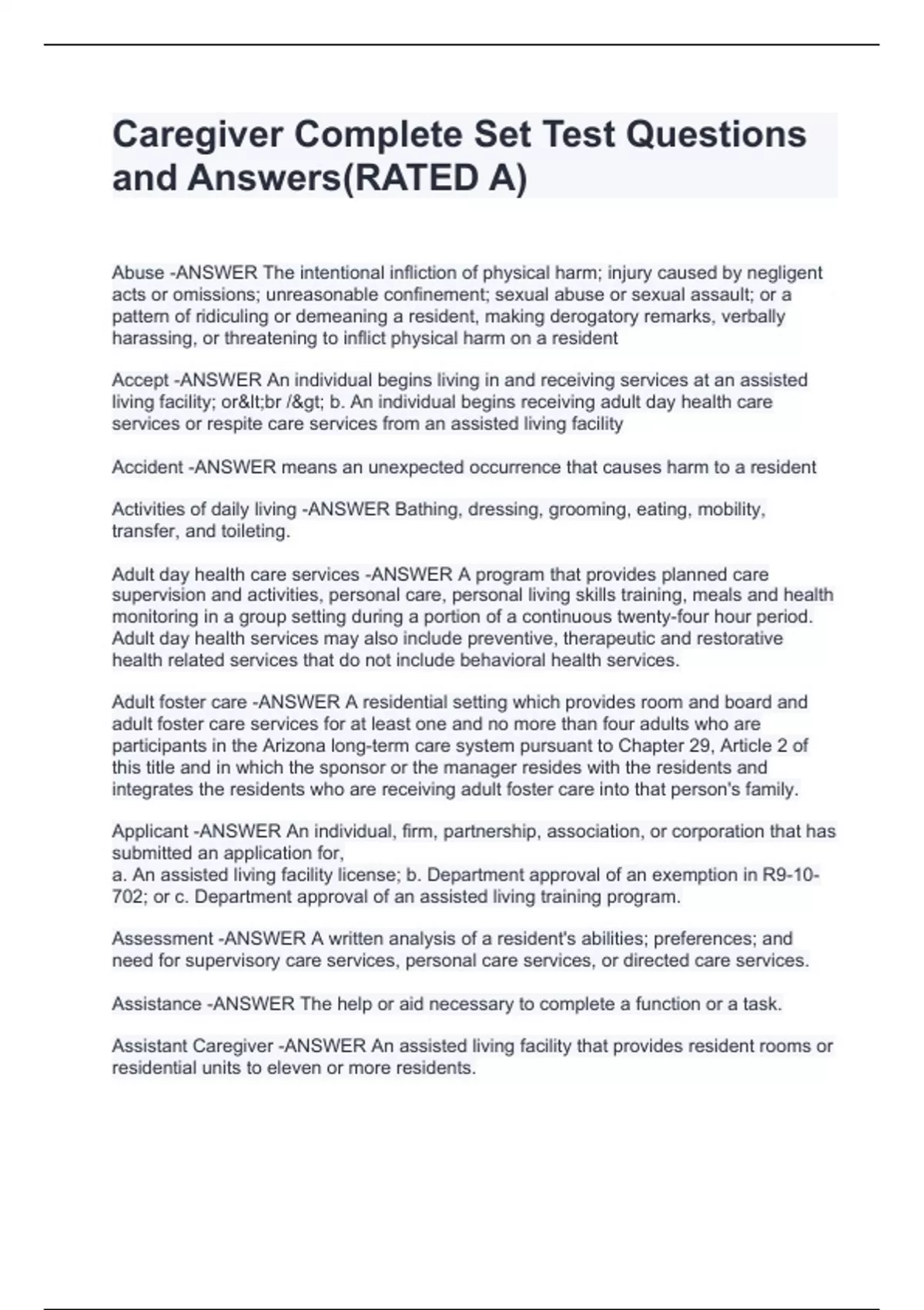 Caregiver Complete Set Test Questions and Answers(RATED A) - Caregiver ...