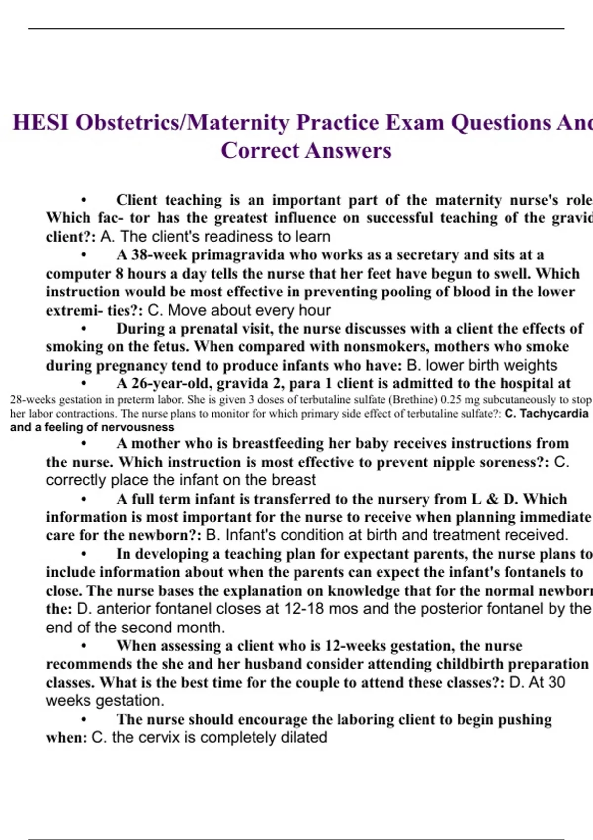 HESI Obstetrics/Maternity Practice Exam Questions and Answers Graded A+ ...