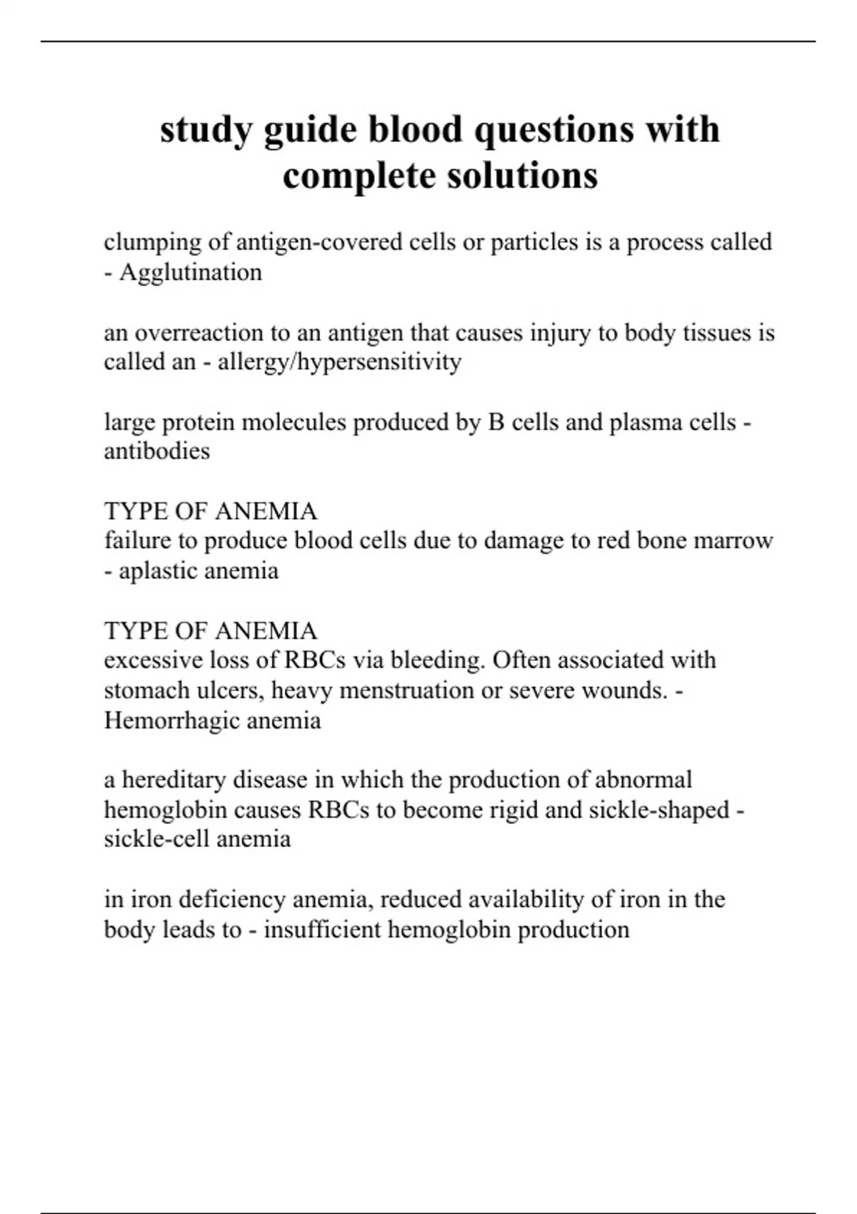study guide blood questions with complete solutions - HEME - Stuvia US