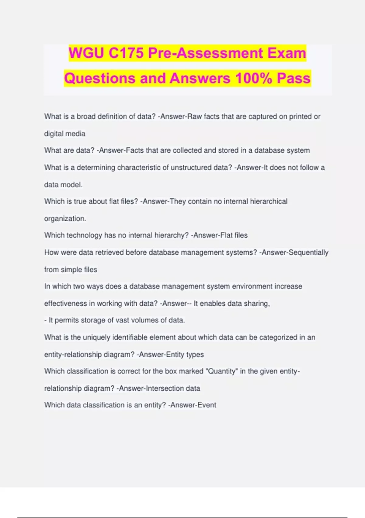 WGU C175 Pre-Assessment Exam Questions and Answers 100% Pass - WGU C715 ...