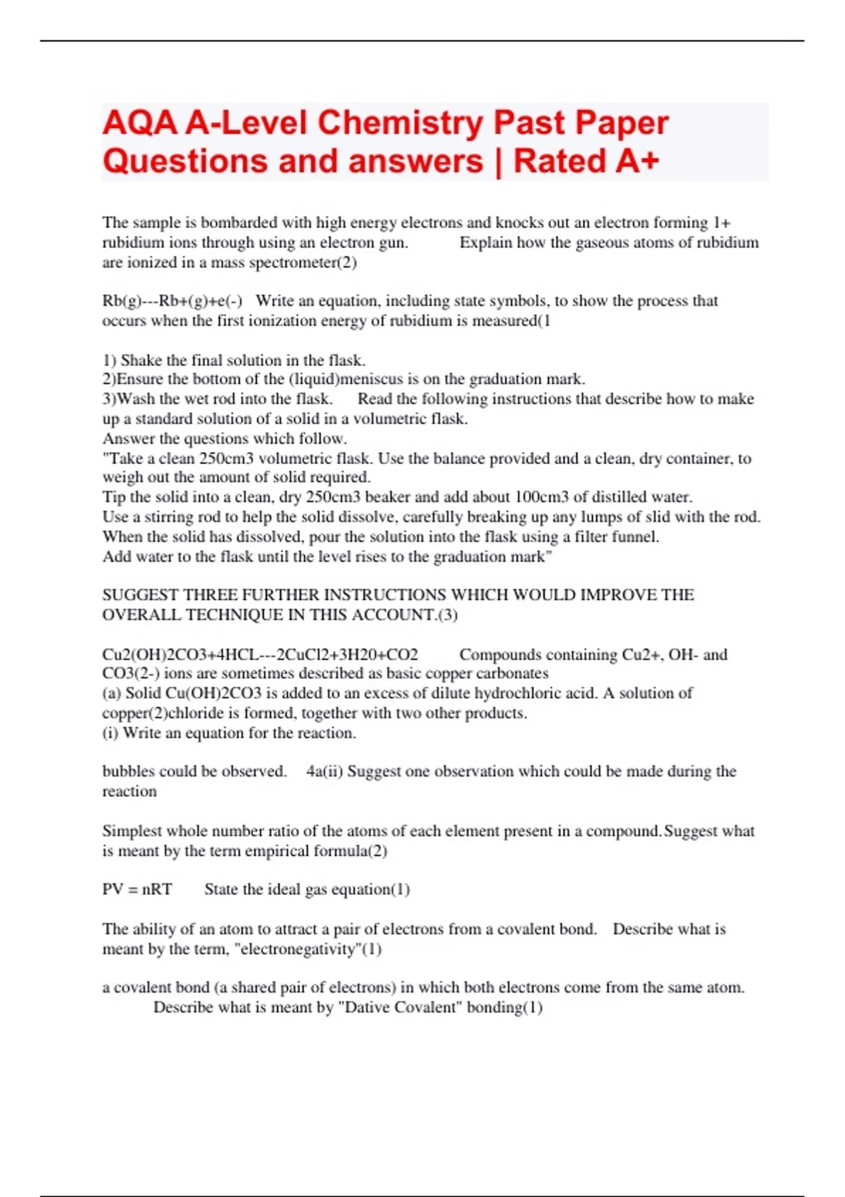 AQA A-Level Chemistry Past Paper Questions and answers | Rated A+ - AQA ...