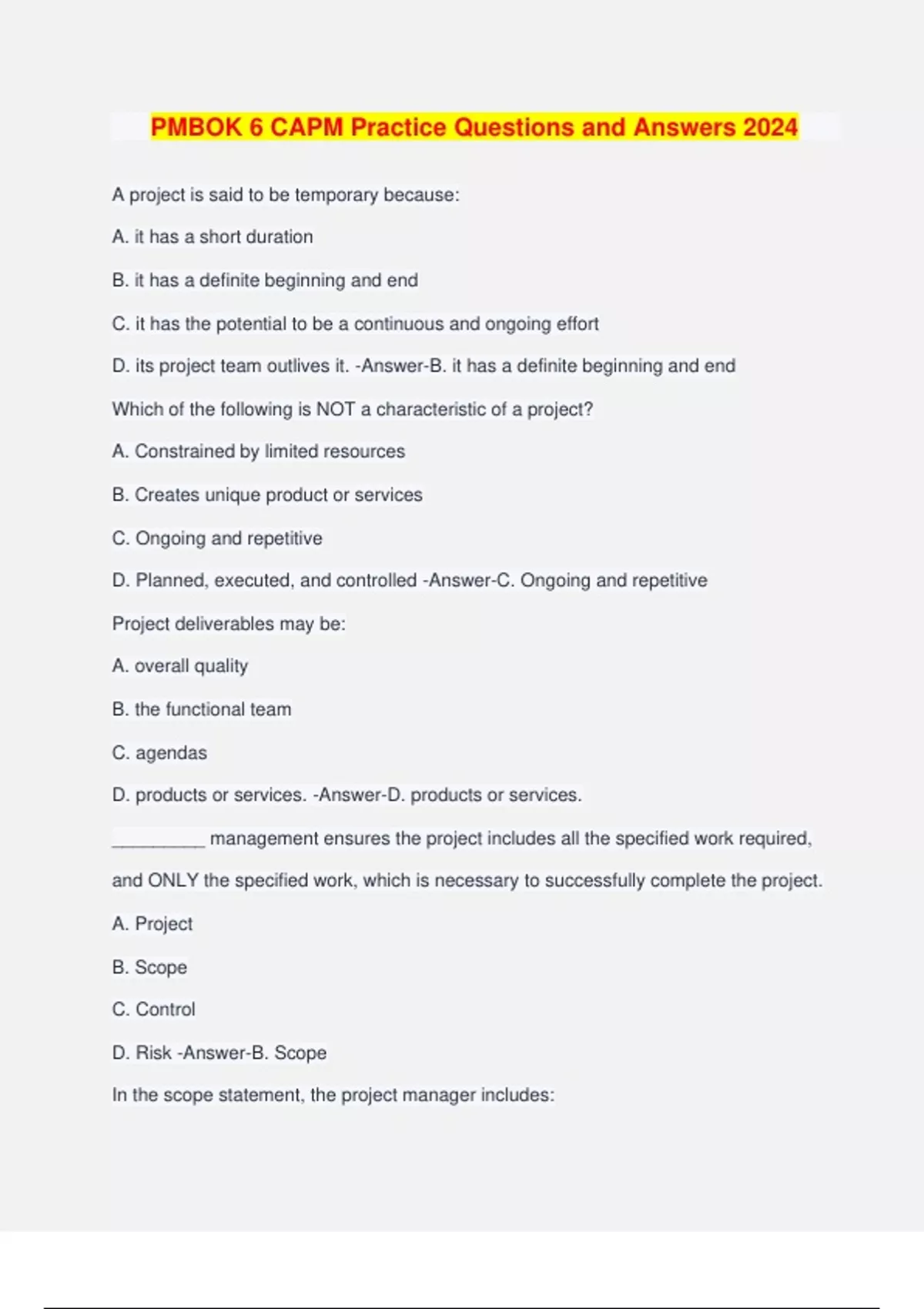 PMBOK 6 CAPM Practice Questions and Answers 2024 - CAPM - Stuvia US