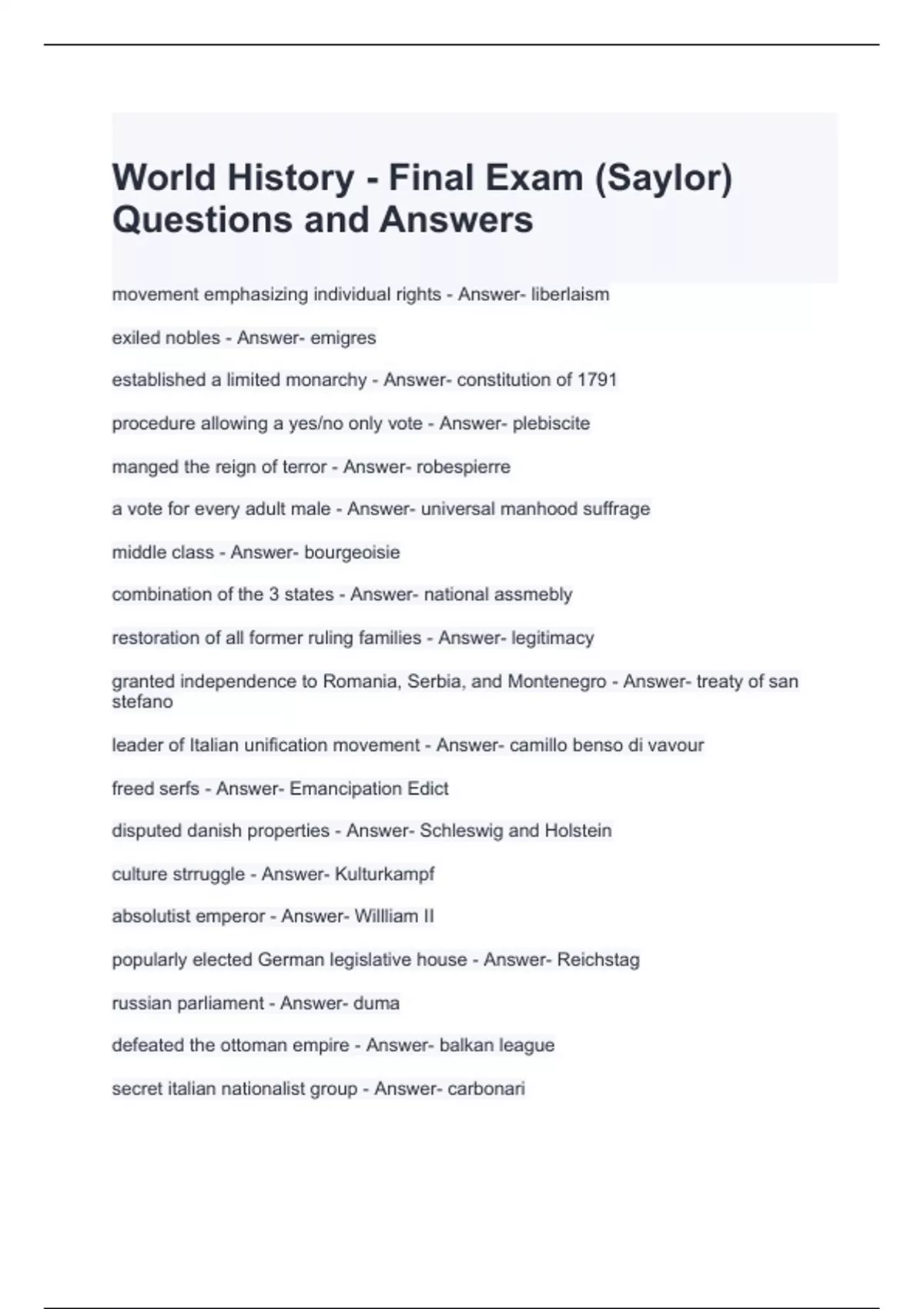 World History - Final Exam (Saylor) Questions and Answers - Saylor ...