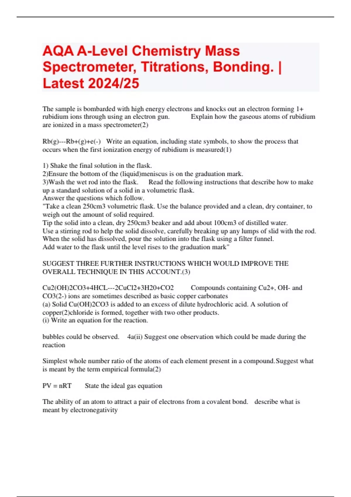 AQA A-Level Chemistry Mass Spectrometer, Titrations, Bonding. | Latest ...