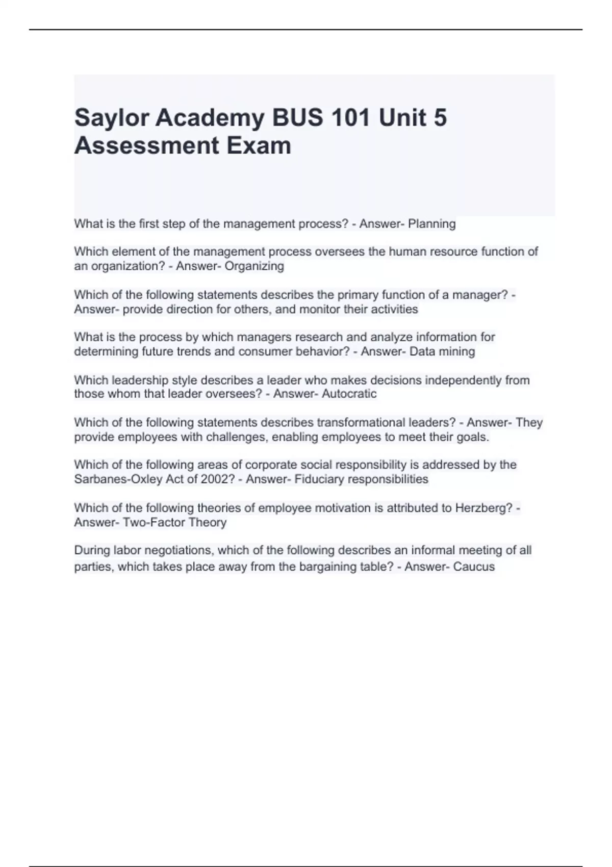 Saylor Academy BUS 101 Unit 5 Assessment Exam 2024 Questions and ...