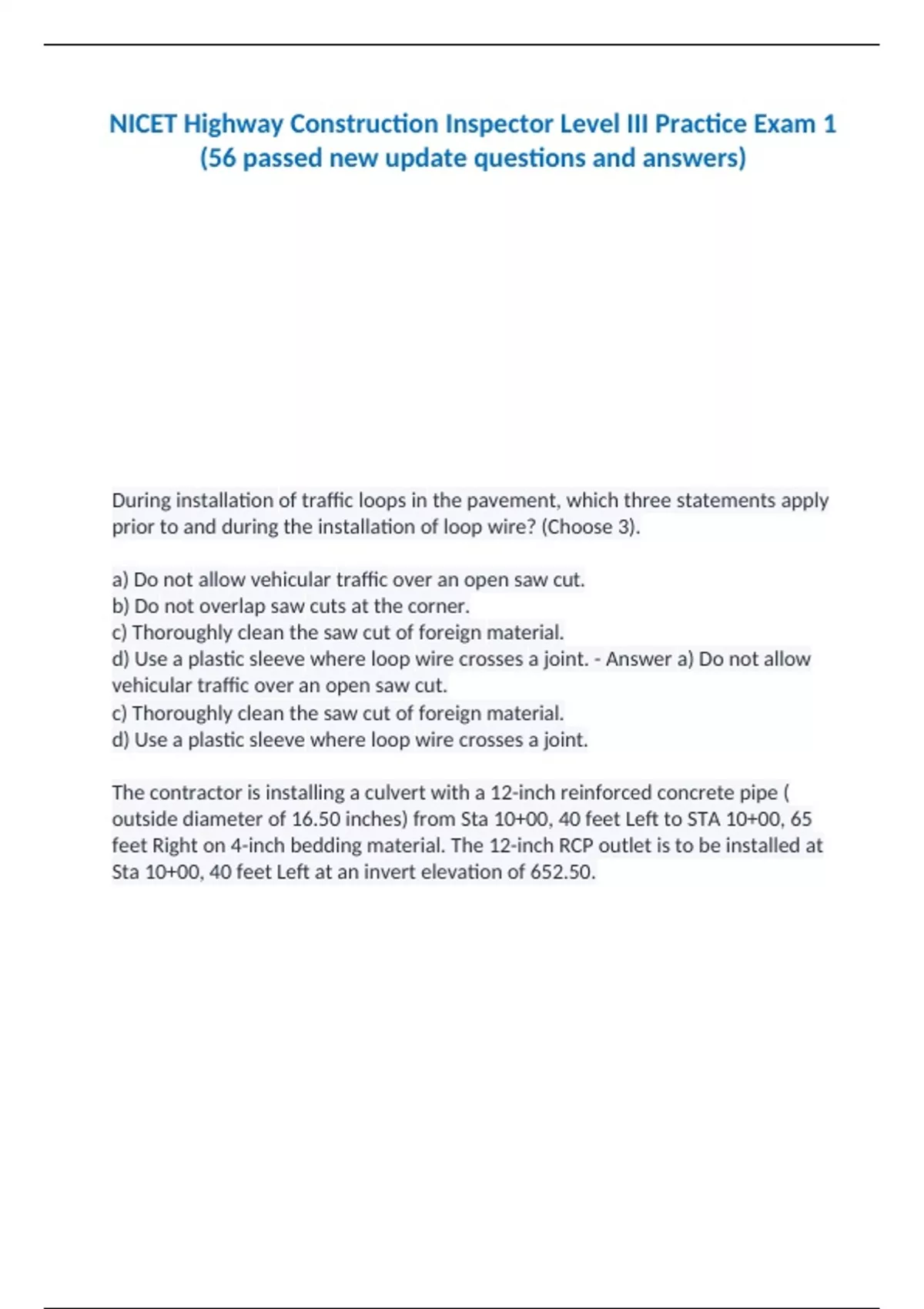 NICET Highway Construction Inspector Level III Practice Exam 1 (56 ...