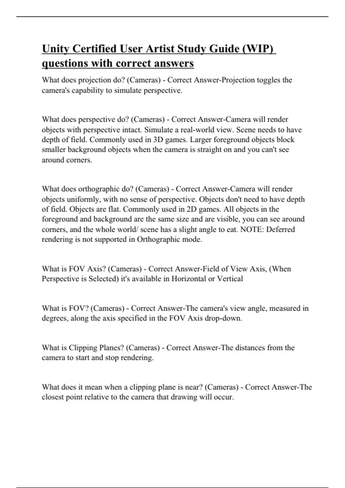 Unity Certified User Artist Study Guide (WIP) questions with correct ...