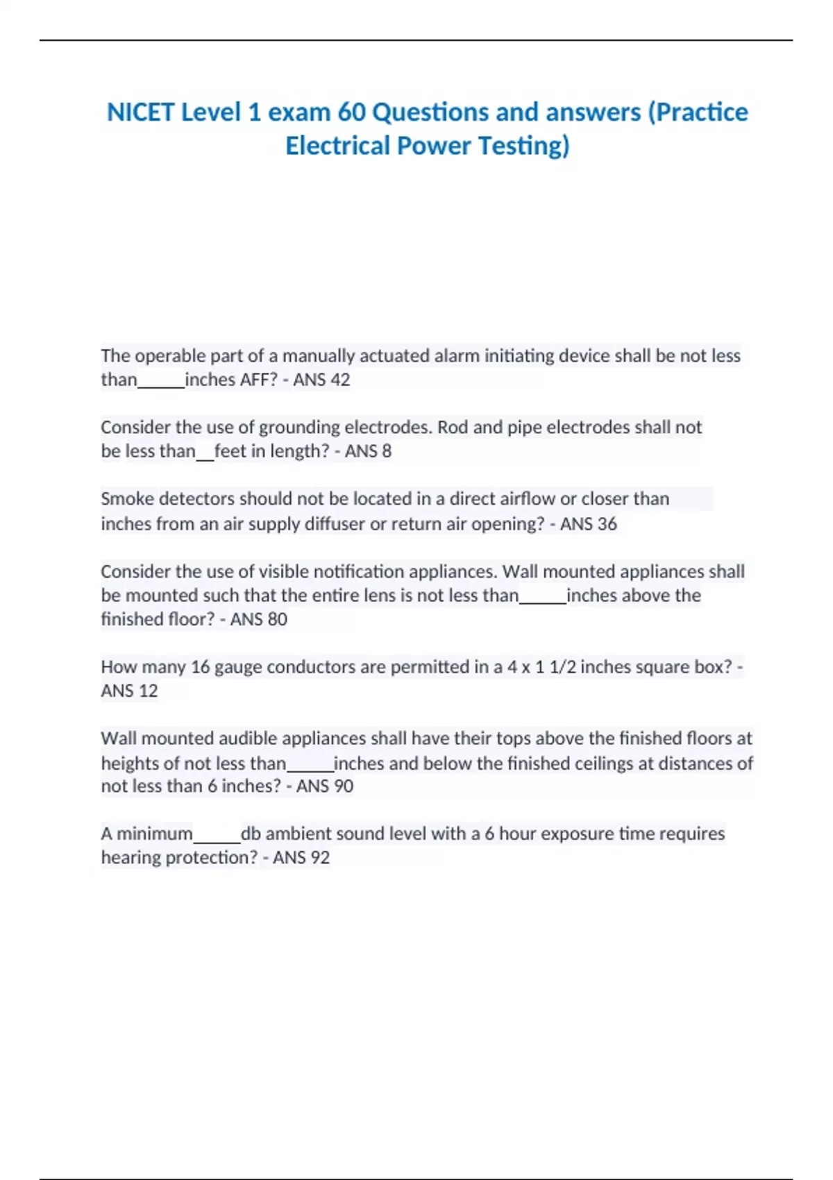 NICET Level 1 exam 60 Questions and answers (Practice Electrical Power ...