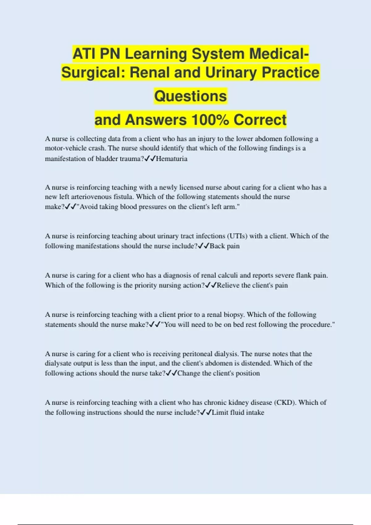 ATI PN Learning System Medical Surgical: Renal and Urinary Practice ...