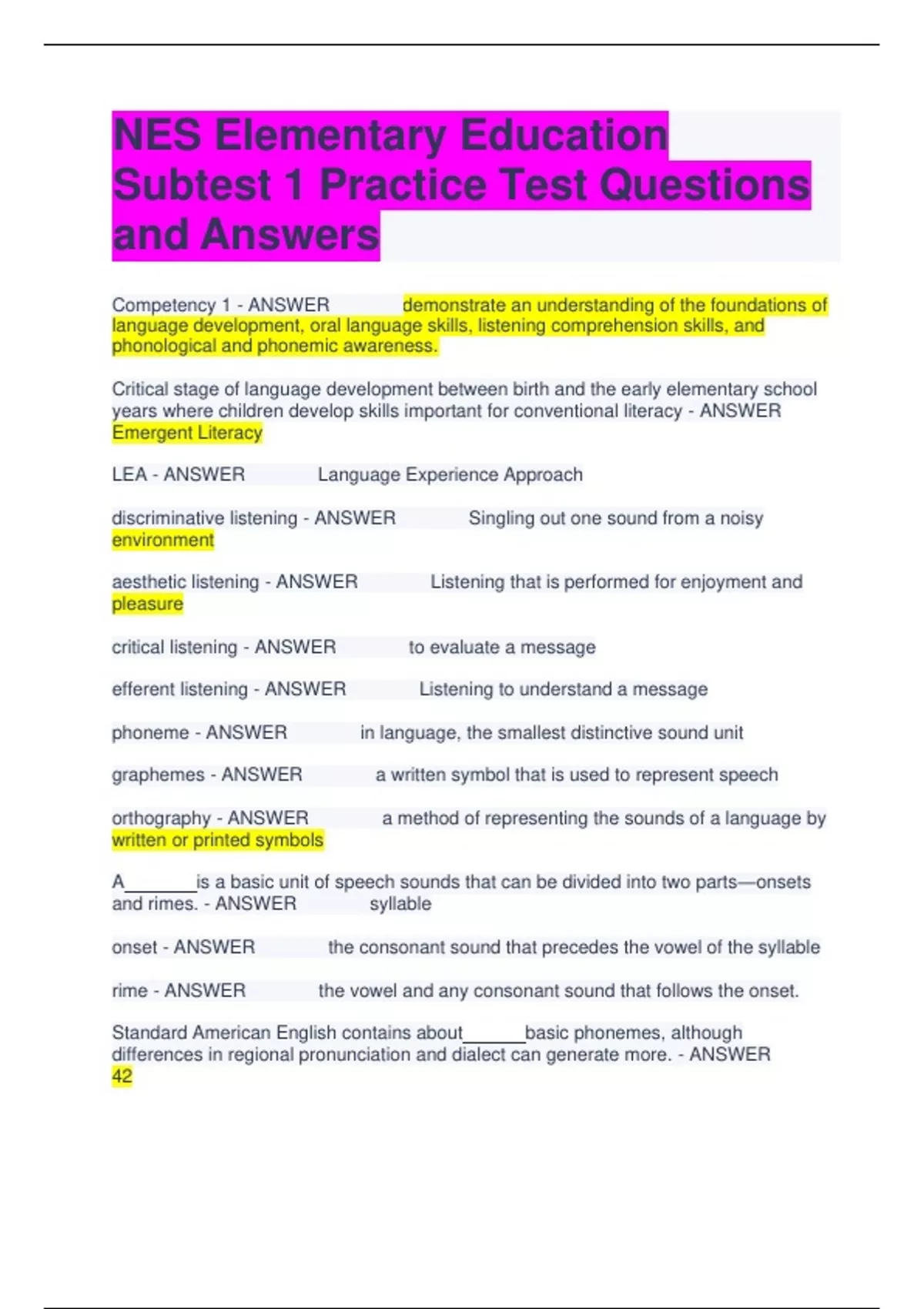 NES Elementary Education Subtest 1 Practice Test Questions and Answers ...