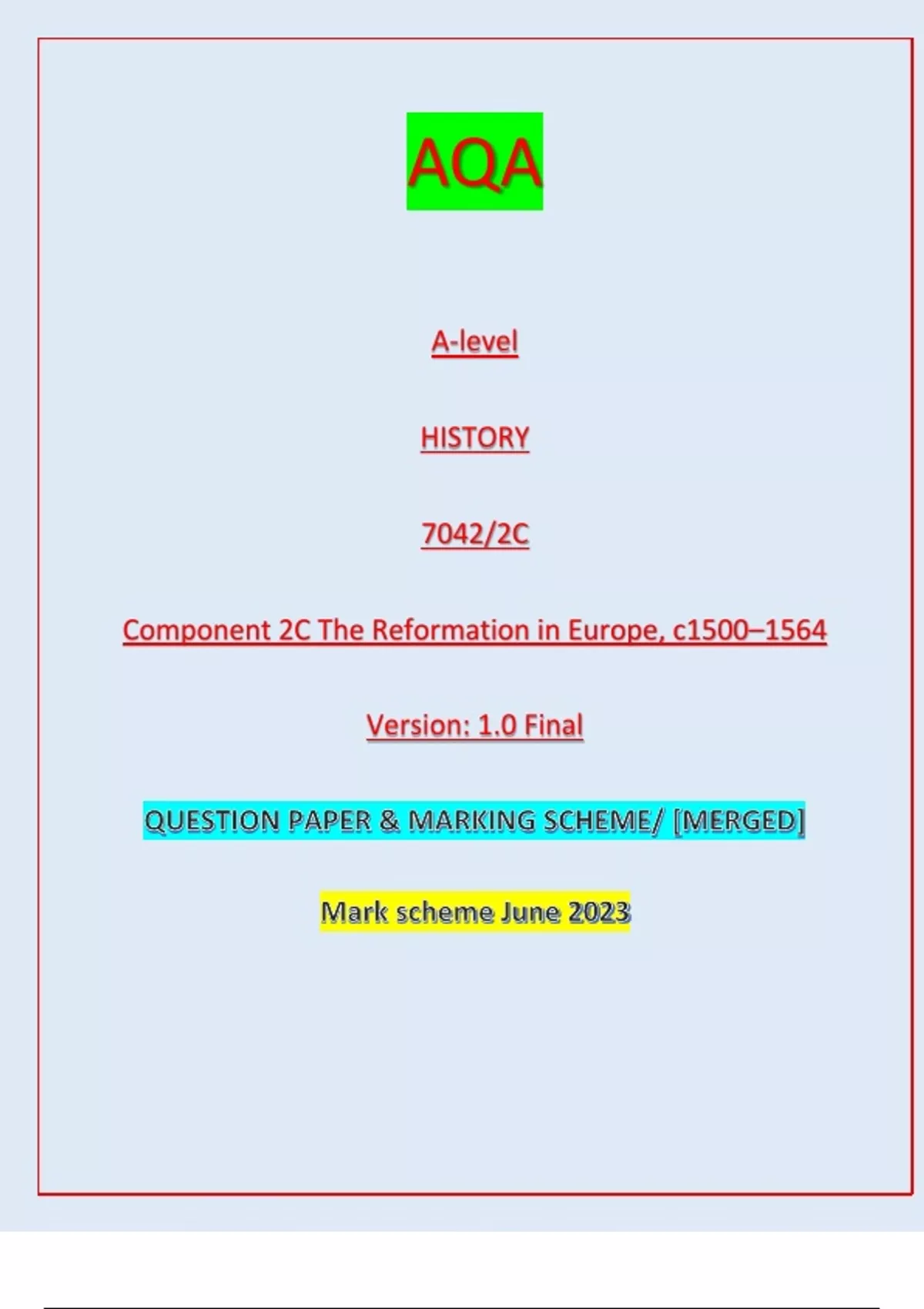 AQA A-level HISTORY 7042/2C Component 2C The Reformation in Europe ...