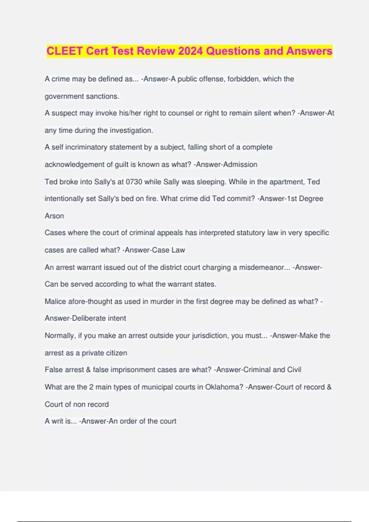 CLEET Cert Test Review 2024 Questions and Answers - CLEET - Stuvia US