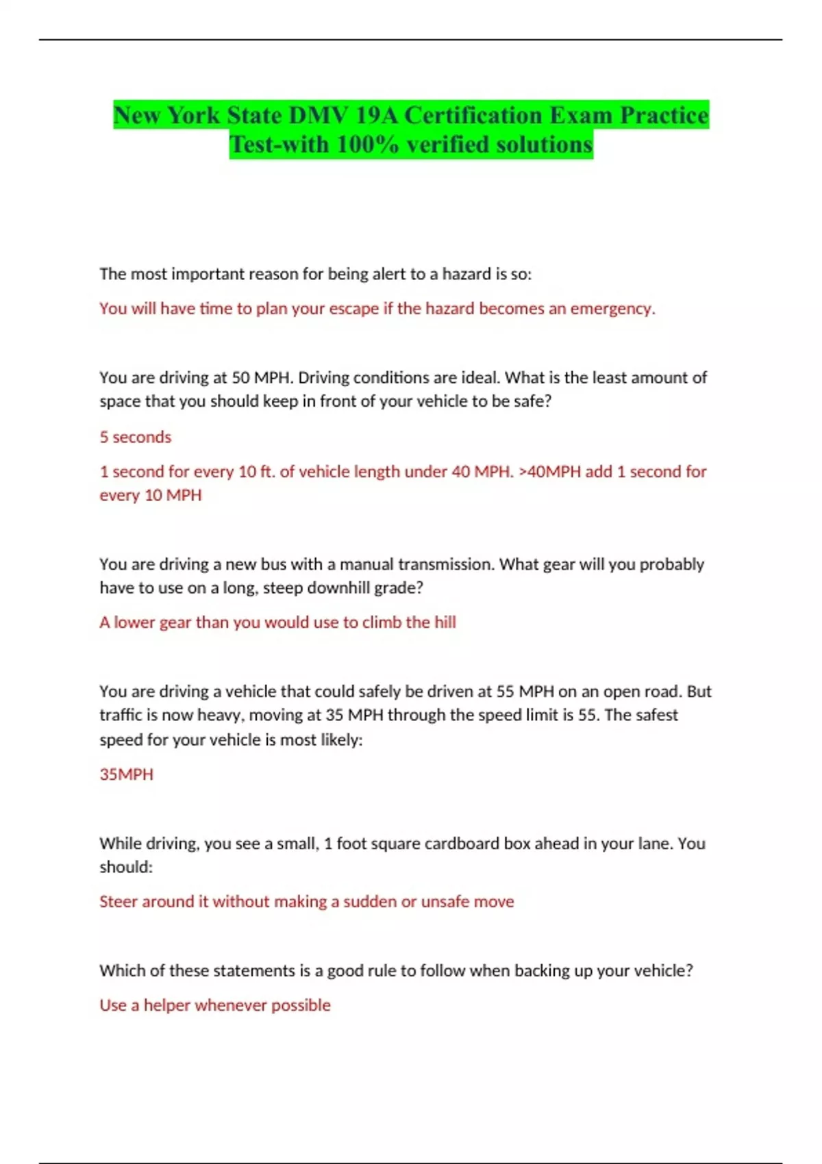 New York State DMV 19A Certification Exam Practice Test-with 100% ...