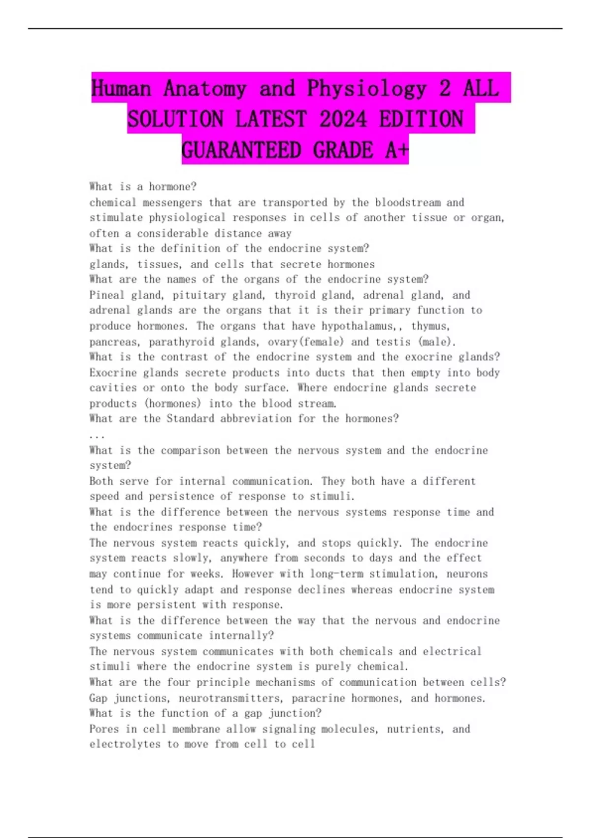 Human Anatomy And Physiology 2 All Solution Latest 2024 Edition