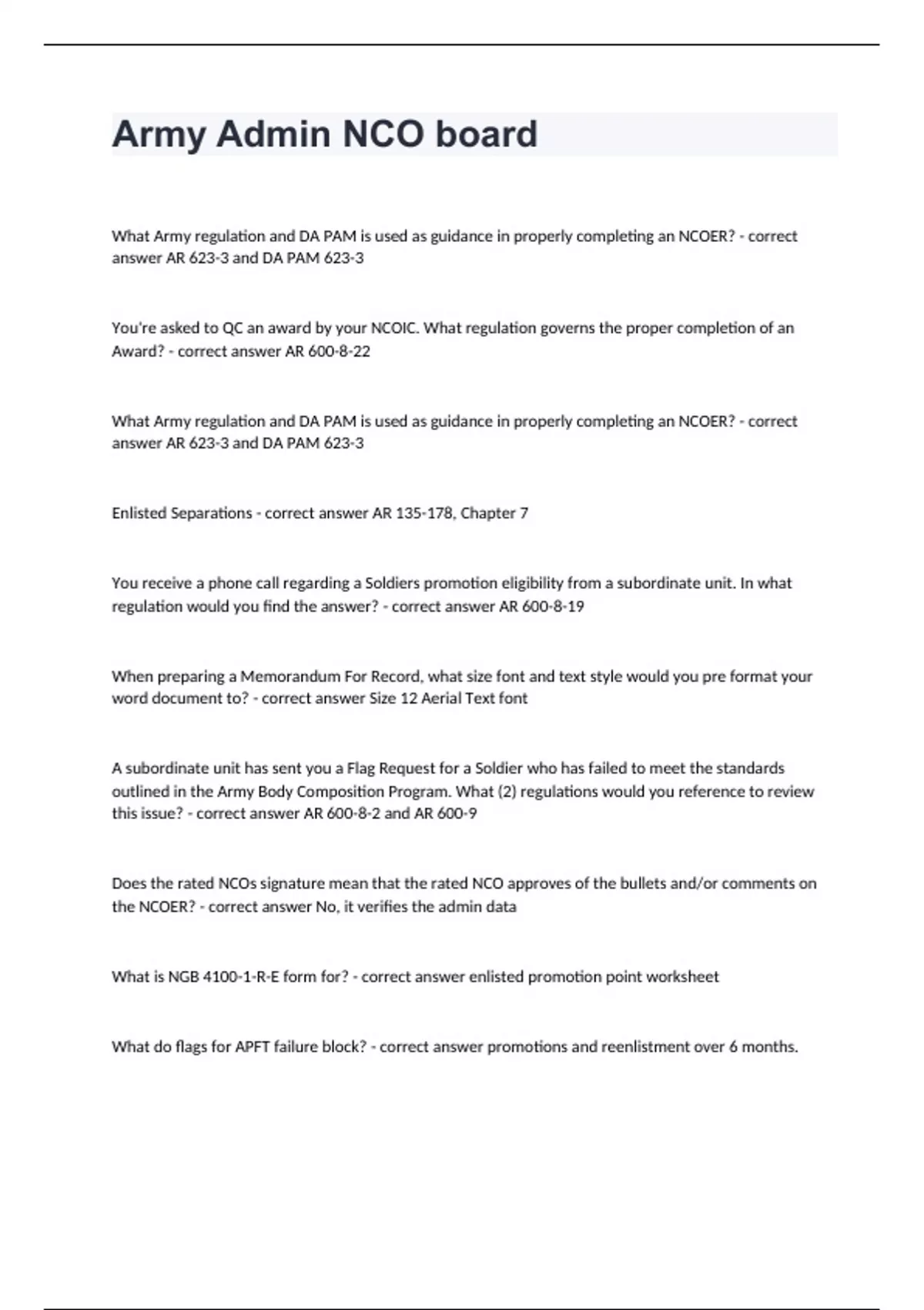 Army Admin NCO board question n answers graded A+ 2024 - Nco board ...