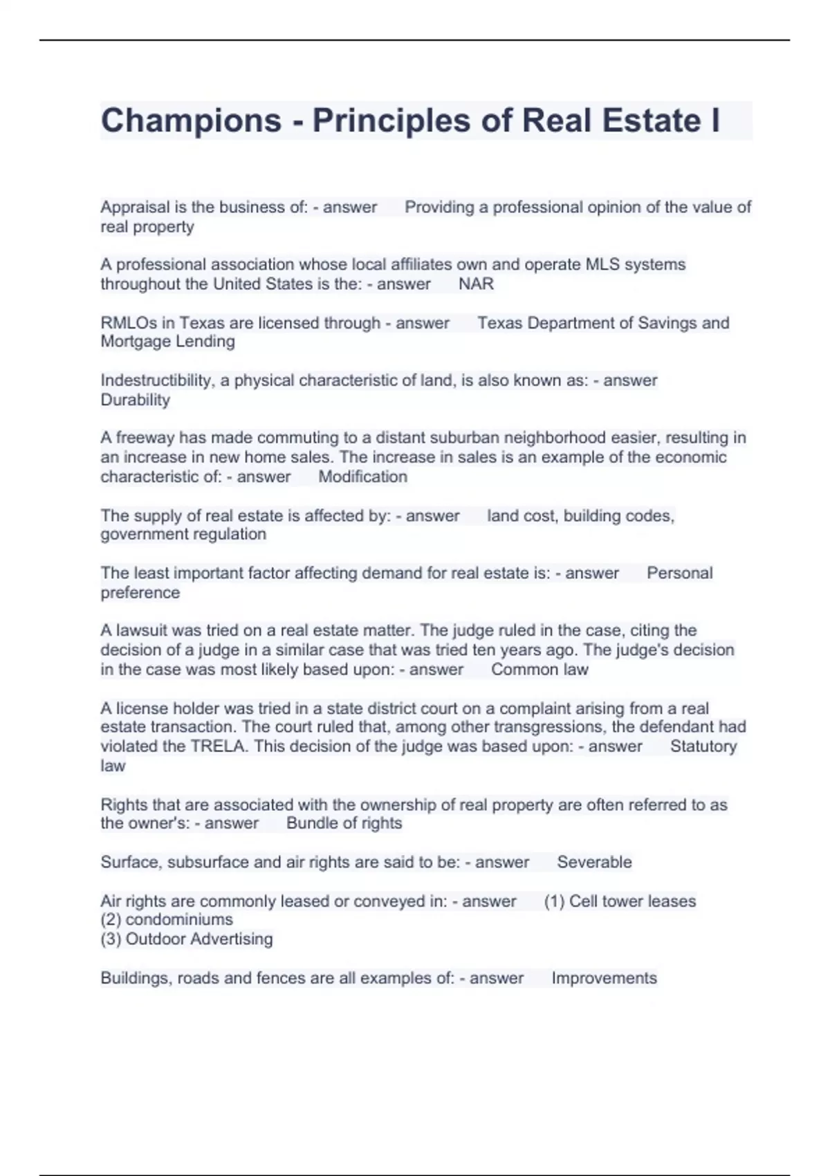 Champions - Principles of Real Estate I Questions with correct Answers ...