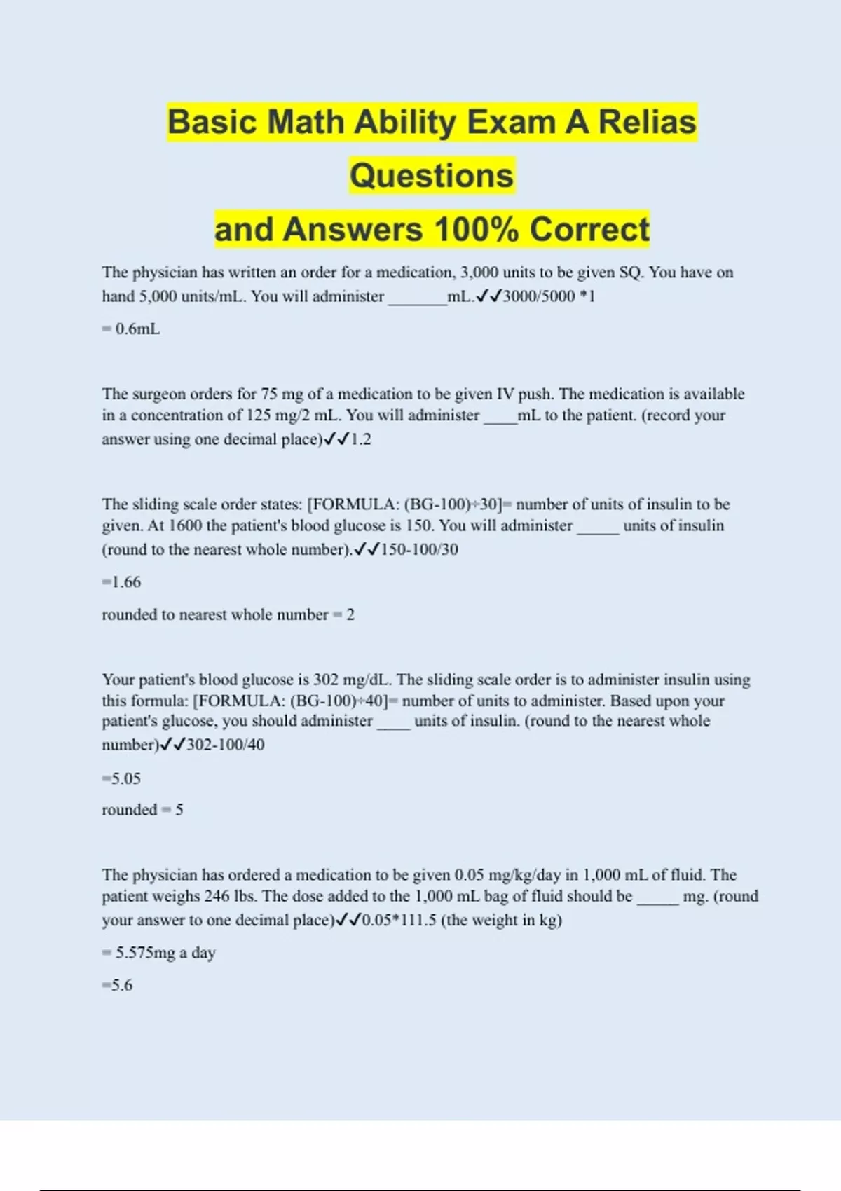 Basic Math Ability Exam A Relias Questions and Answers 100% Correct ...