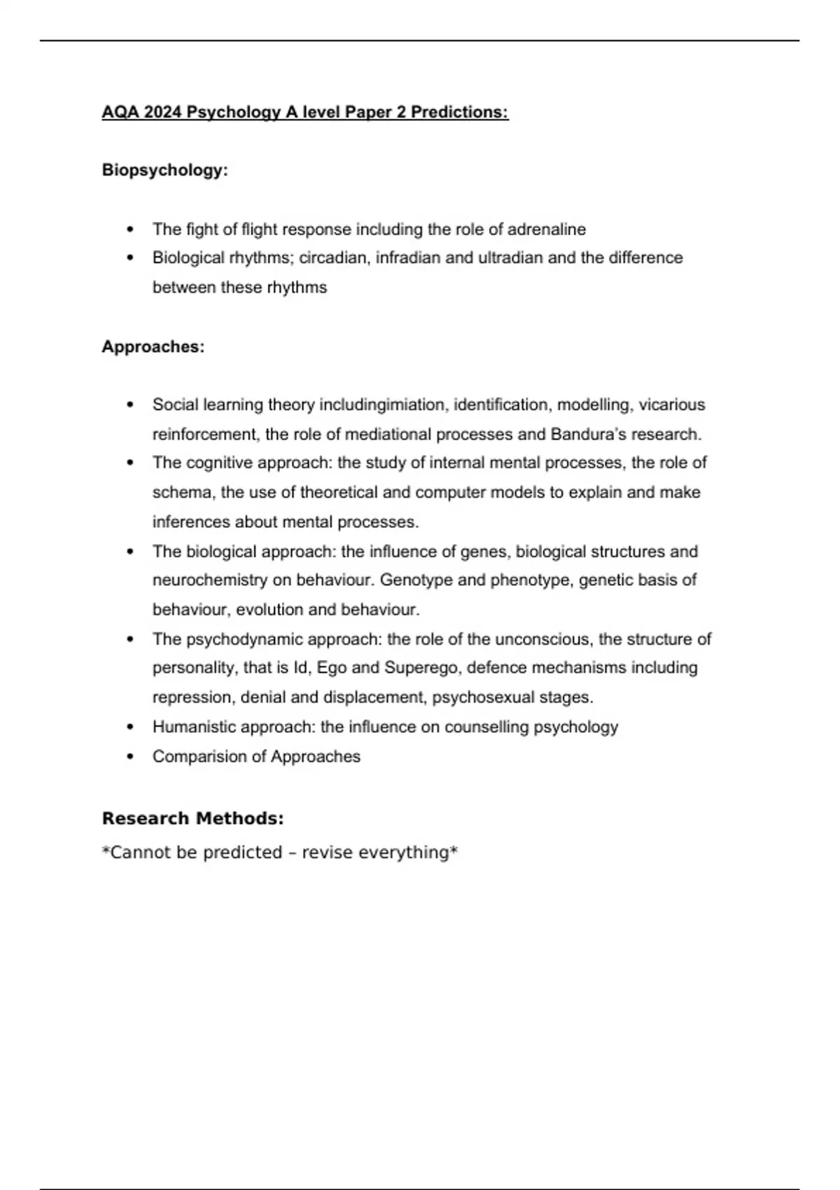 Summary AQA 2024 Psychology A level Paper 2 Predictions Revision List ...