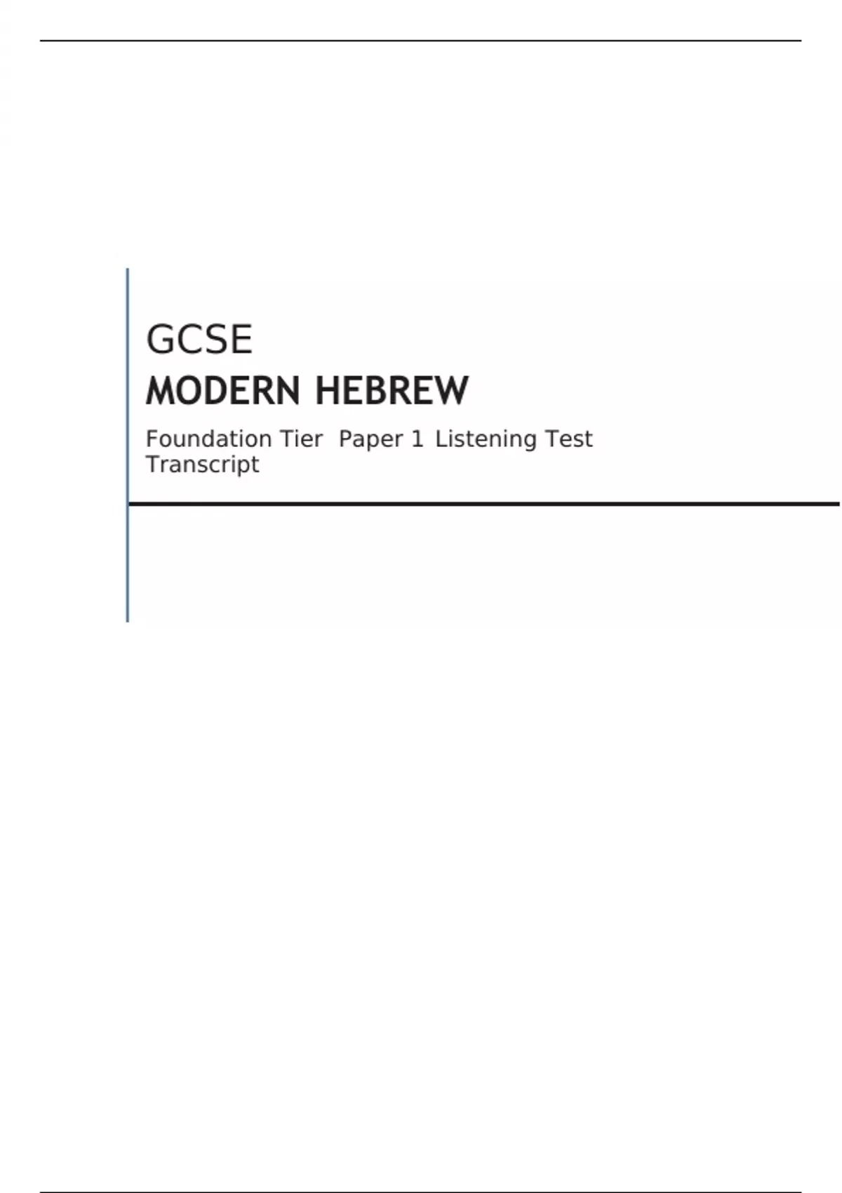 AQA GCSE MODERN HEBREW Foundation Tier Paper 1 QUESTION PAPER AND MARK ...