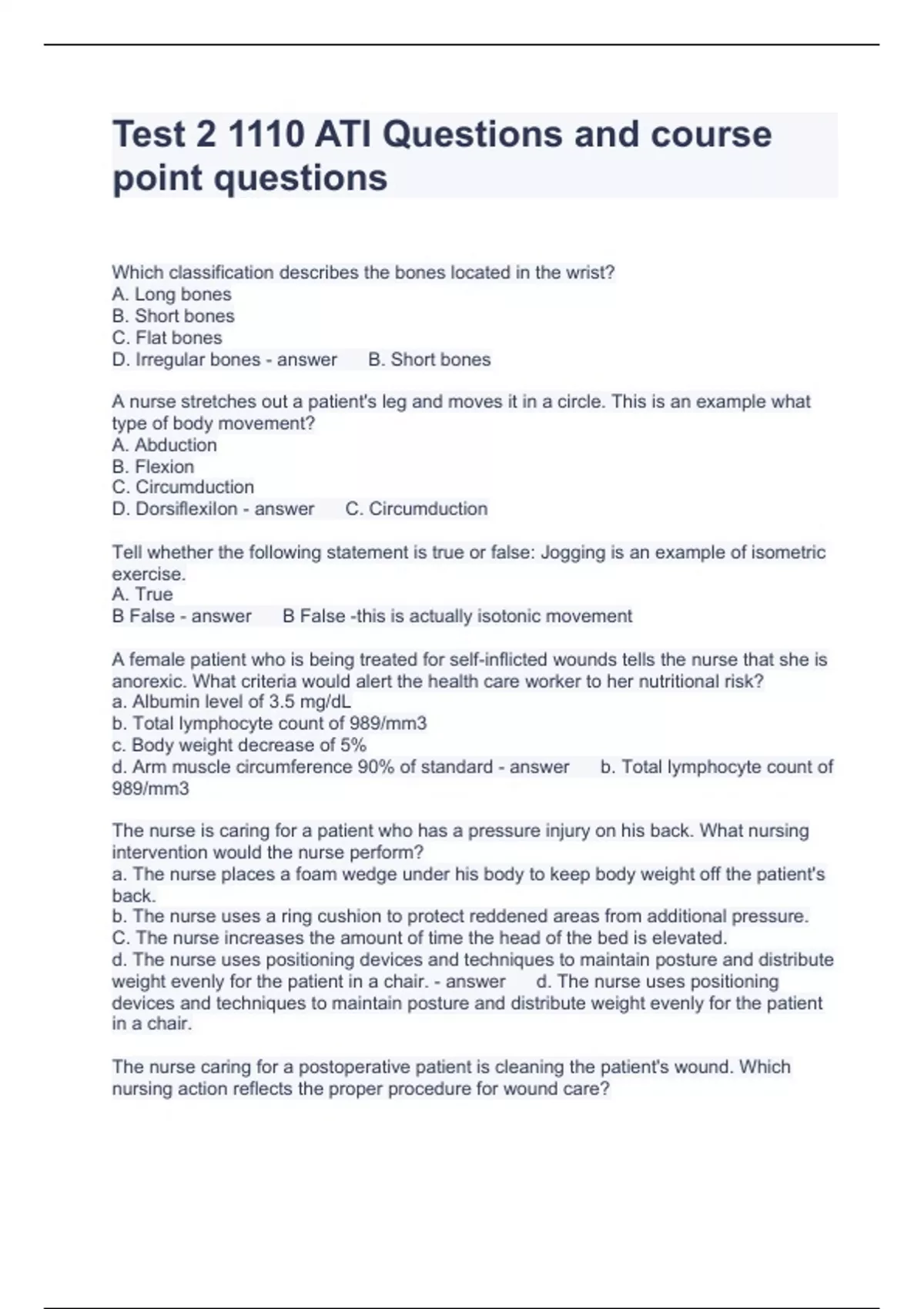 Test 2 1110 ATI Questions and course point questions and answers 2024 ...